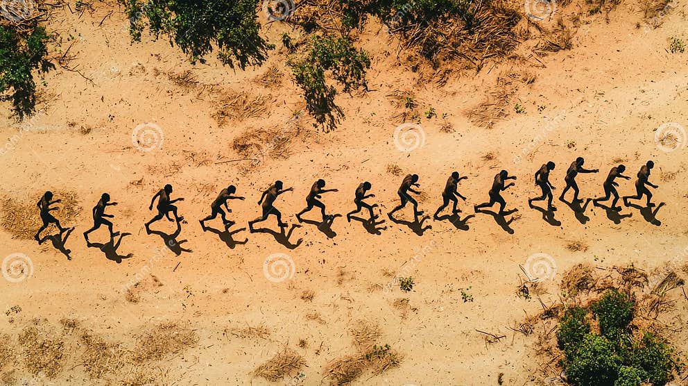 Aerial View of a Group of People Running in a Line, Creating a Visual ...