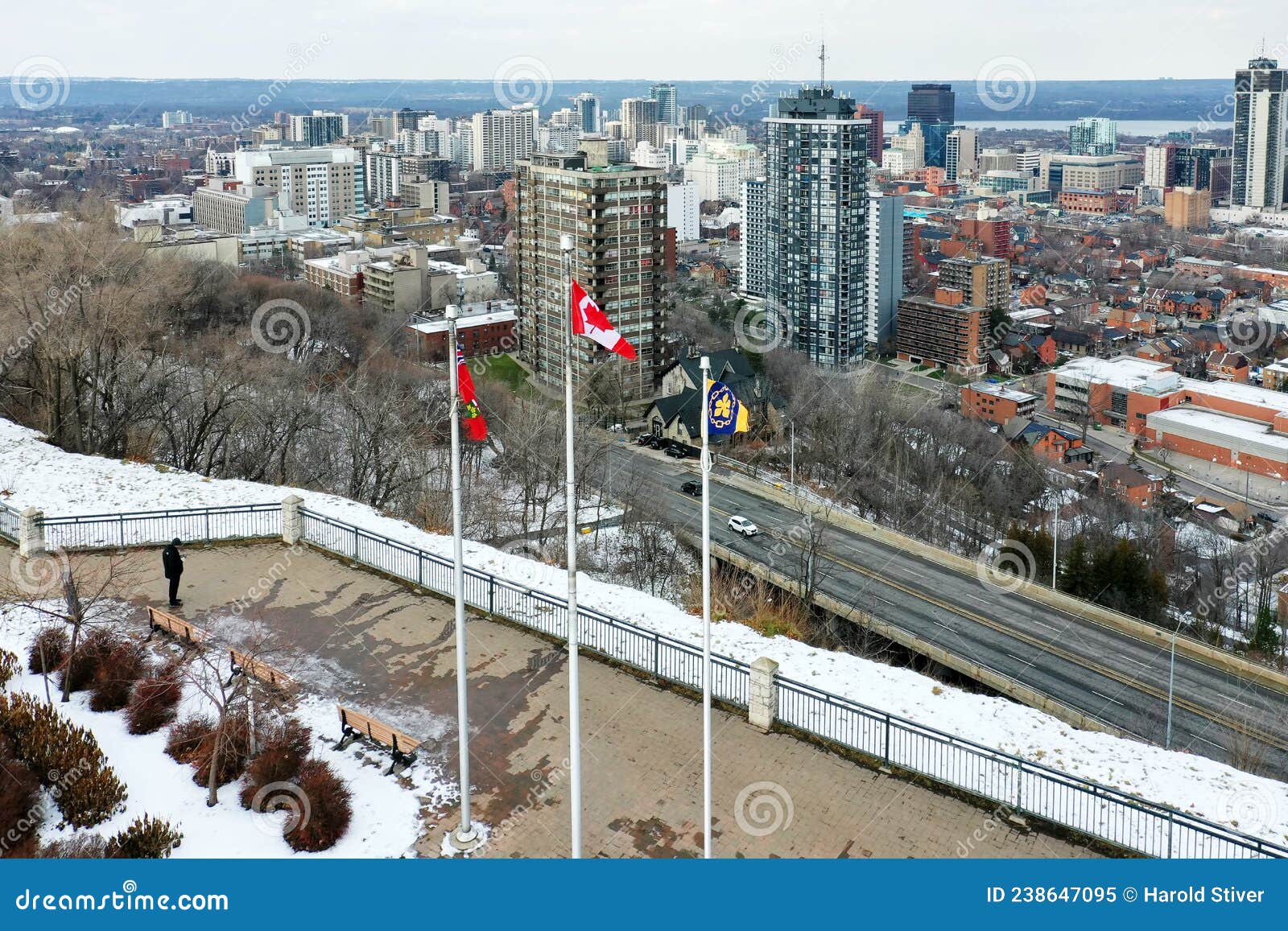 Aerial View of Hamilton, Ontario, Canada Downtown with Flags in ...