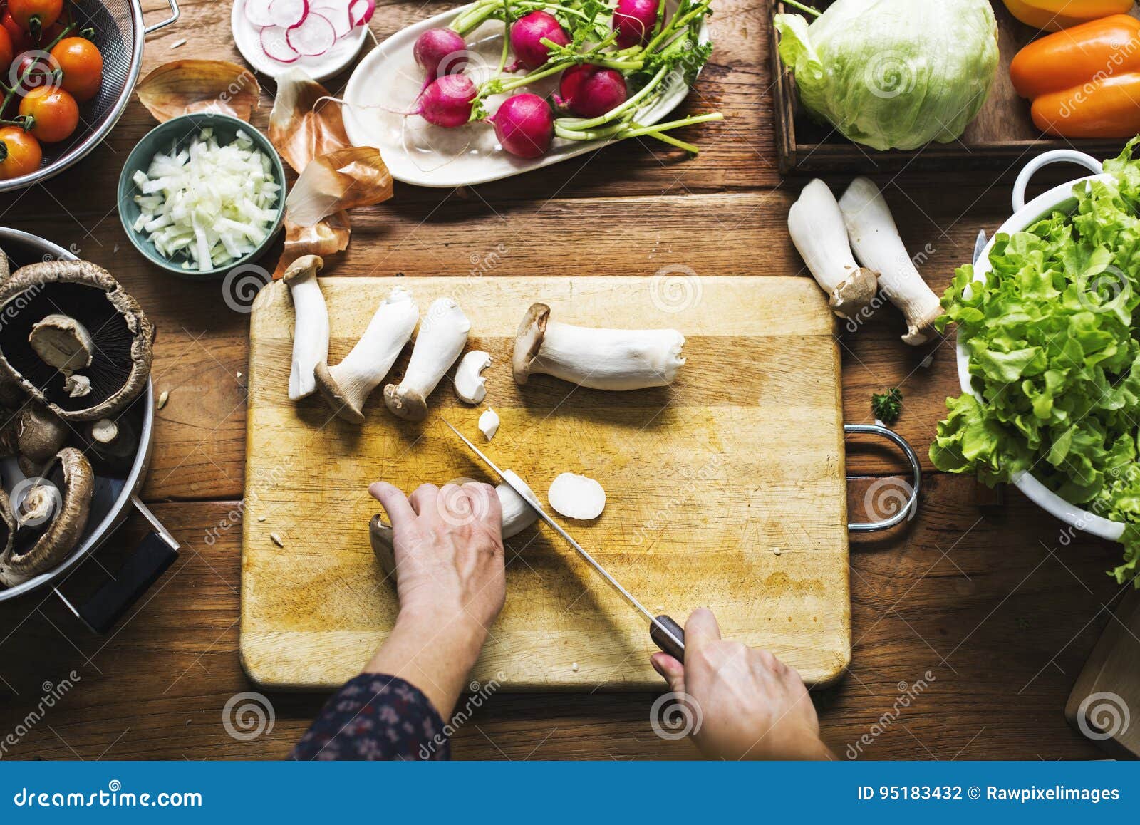 Aerial View of Hand with Knife Cutting Mushroom Stock Photo - Image of ...
