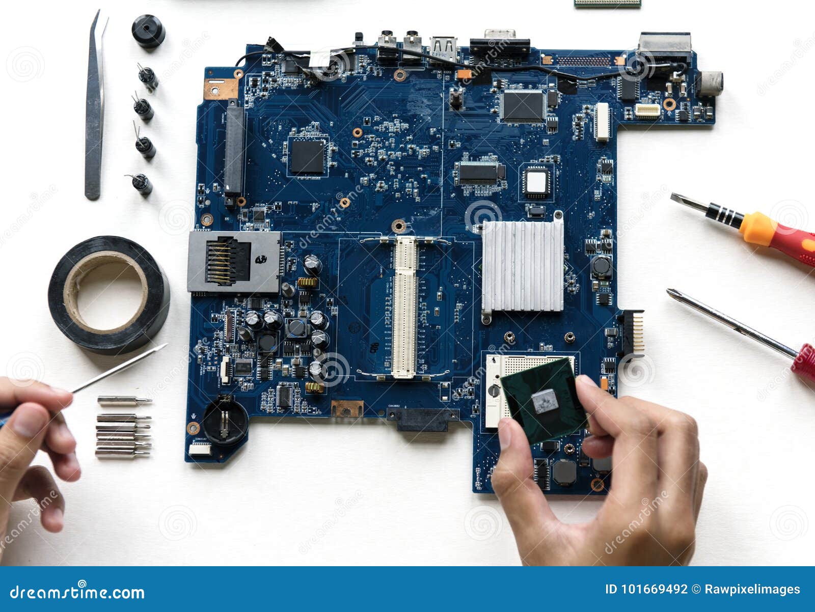 Aerial View of Hands with Computer Components on White Background Stock ...