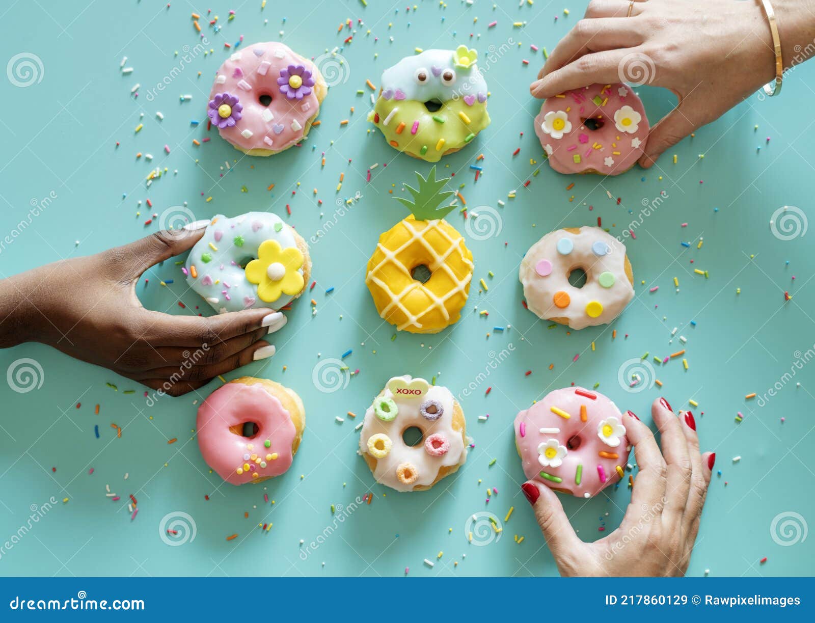 Aerial View of Hands Getting Donut Stock Image - Image of bakery ...