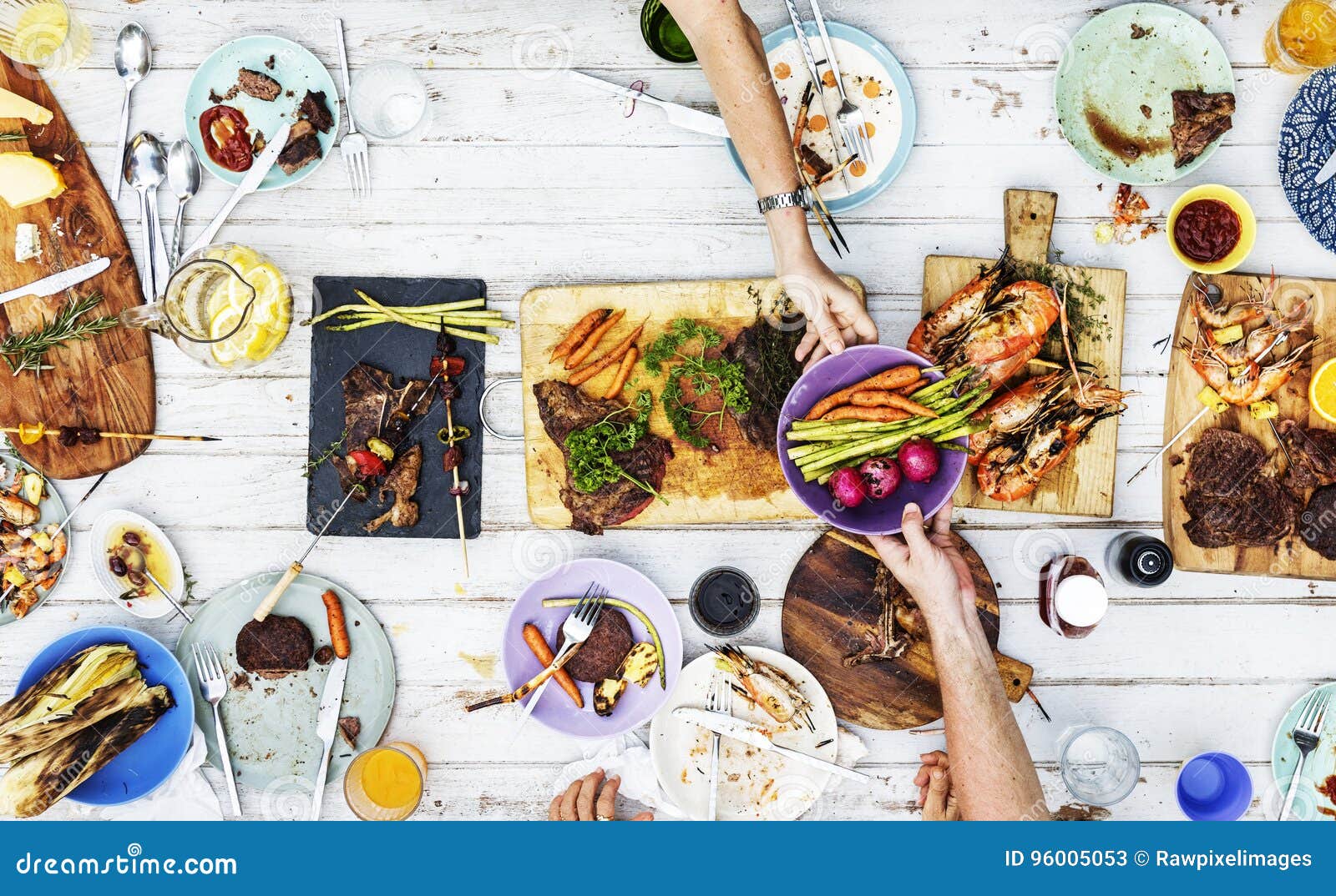 Aerial View of Hands Sharing Food Together Stock Image - Image of meal ...