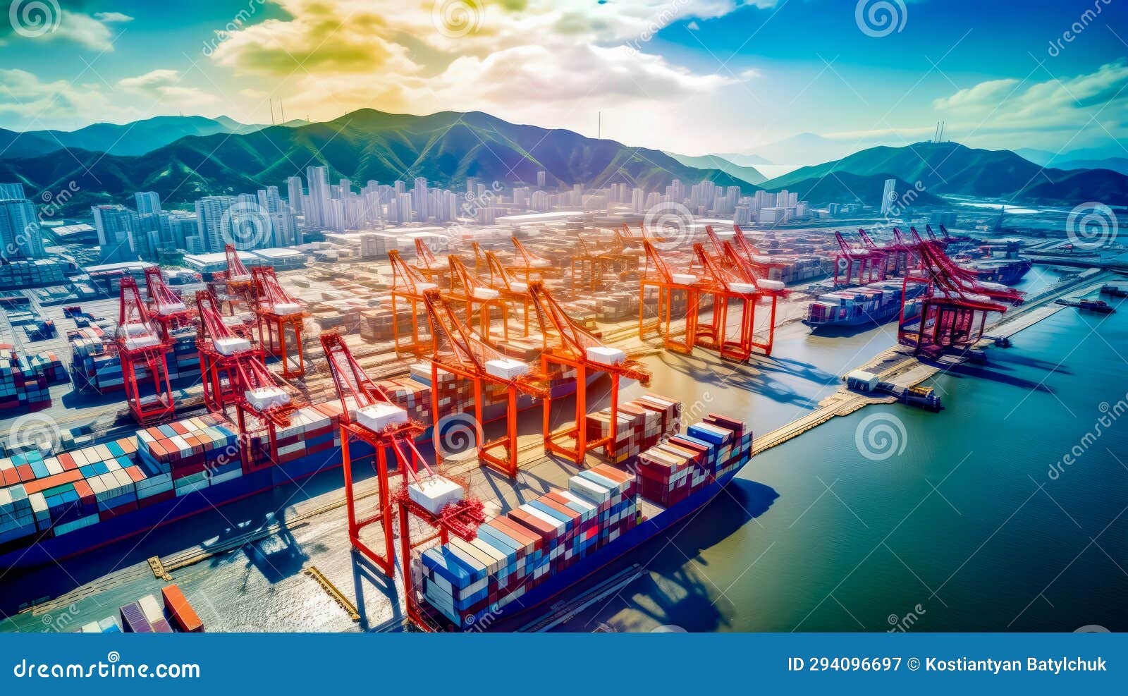 Aerial View of Harbor with Large Cargo Ship and City in the Background ...