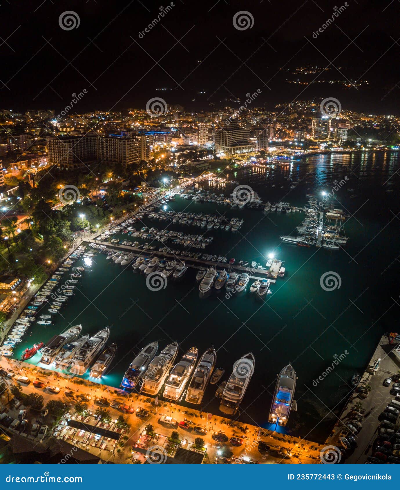 Aerial View of Harbor and Luxurious Yachts in Budva in the Night Stock ...