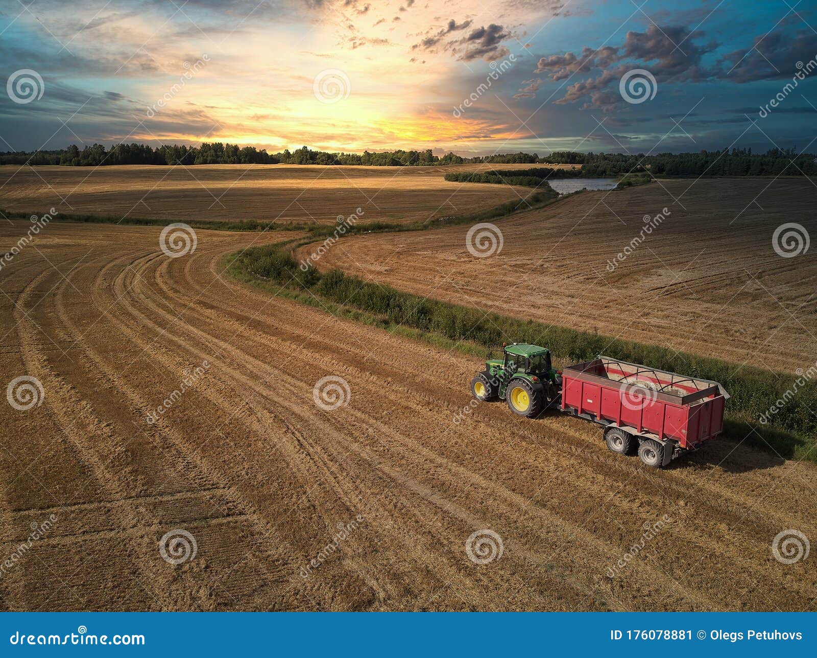 Aerial View of Harvest Field with Tractor and Combine Stock Image ...