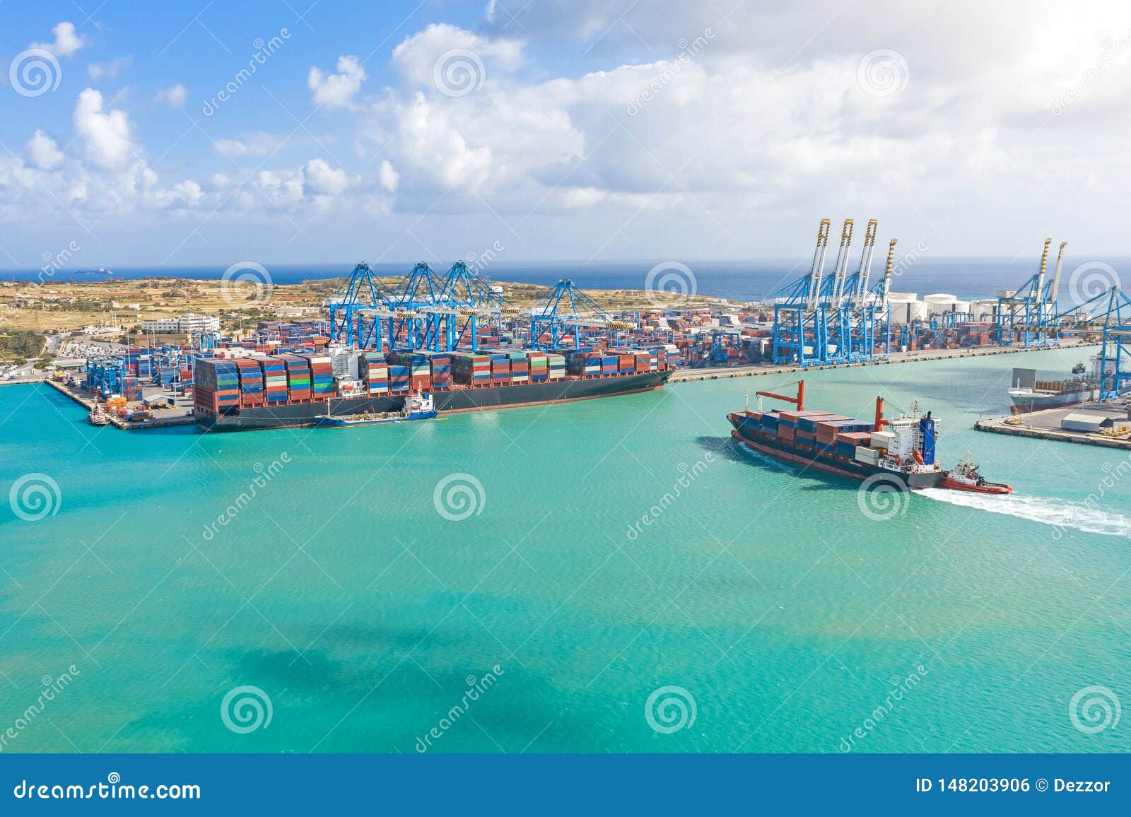 Aerial View from the Height of a Cargo Harbor in a Cargo Seaport, a ...