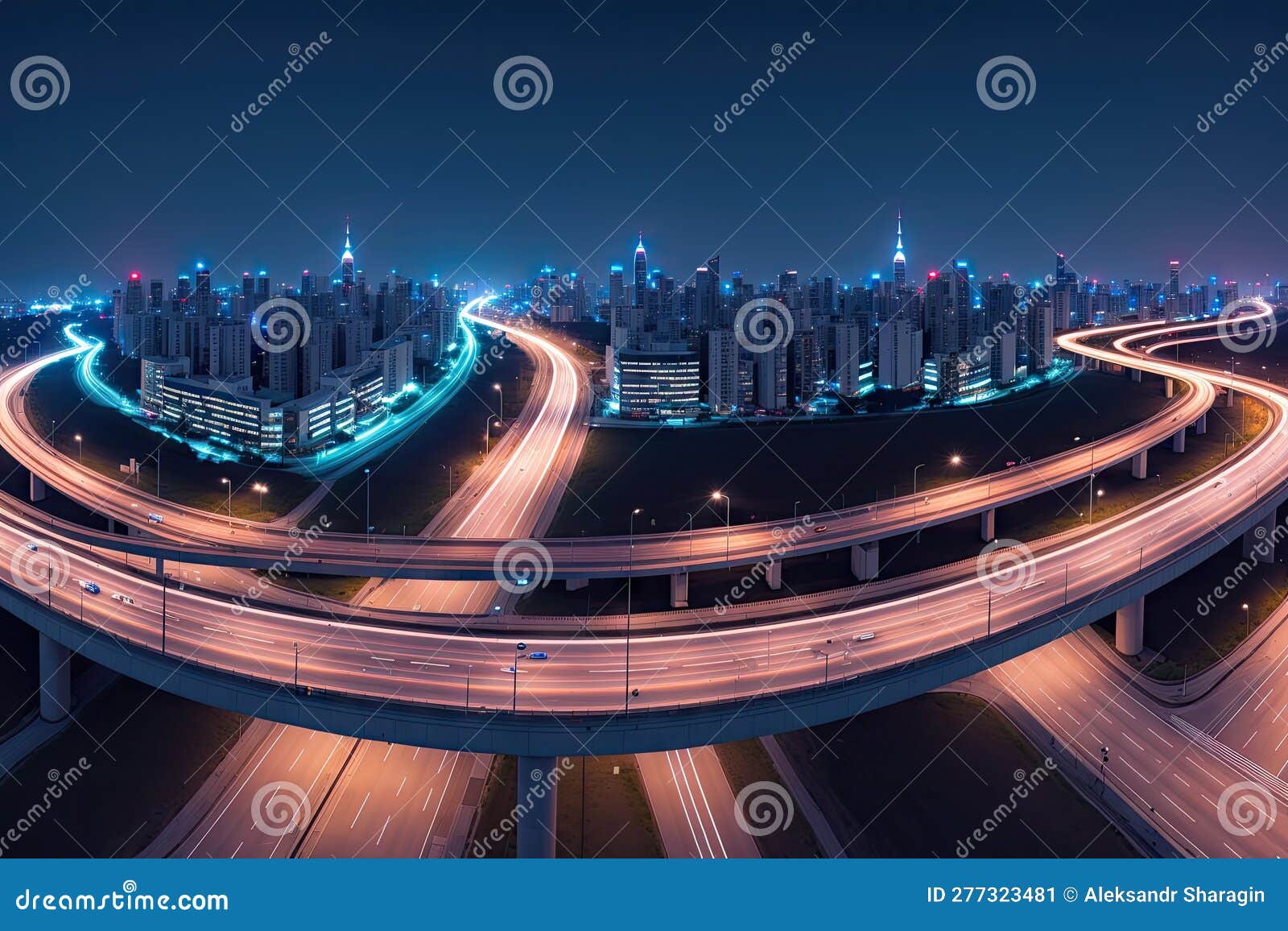 An Aerial View of a Highway Intersection at Night, Generative Ai Stock ...