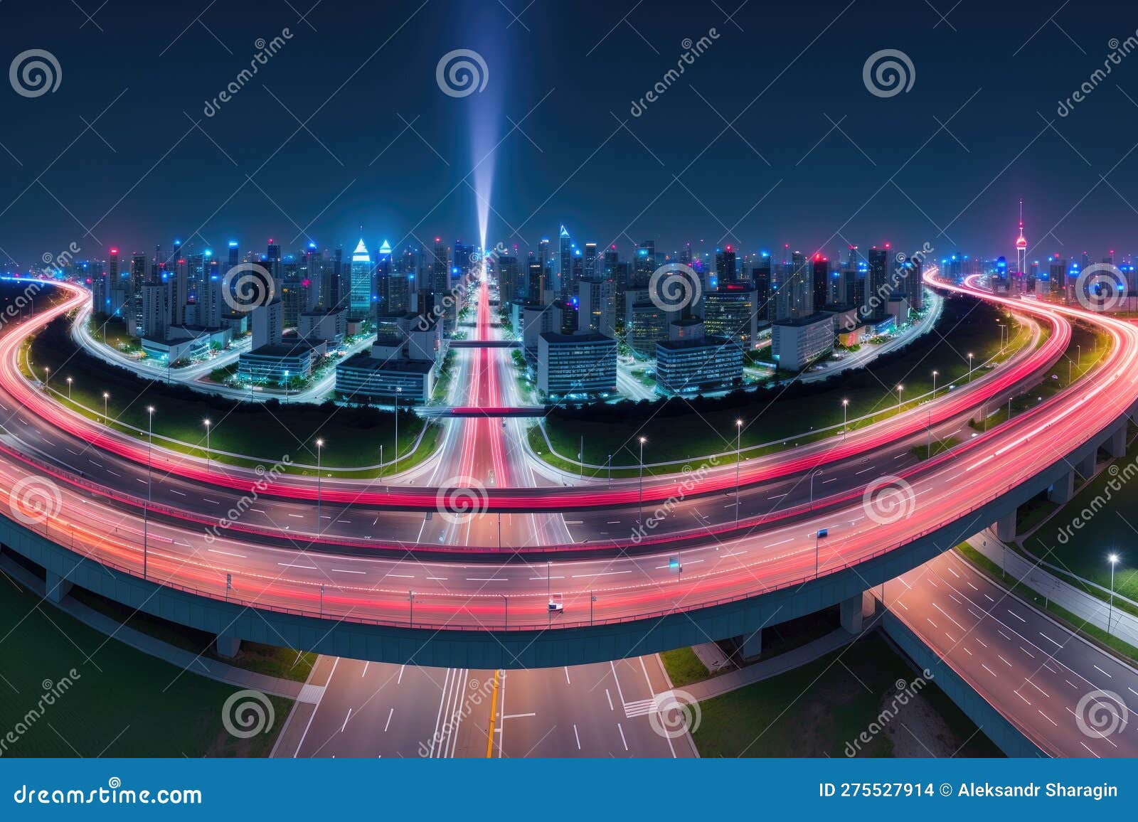 An Aerial View of a Highway Intersection at Night, Generative Ai Stock ...