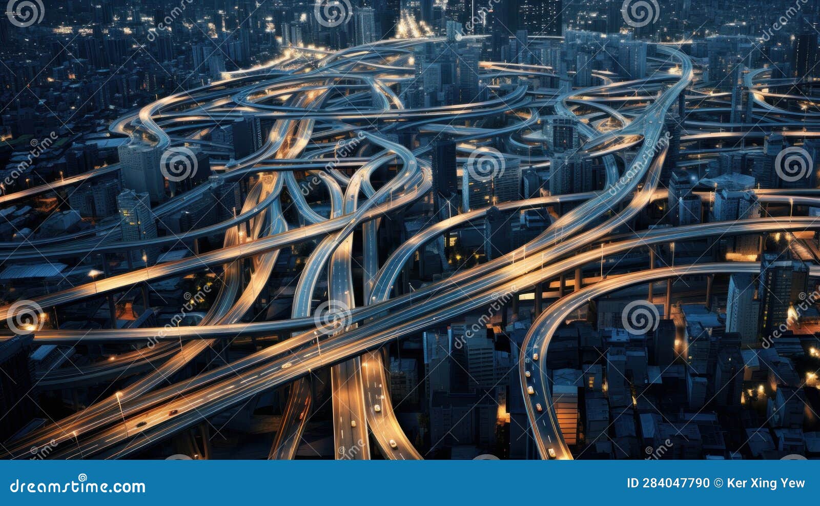 An Aerial View of a Highway Intersection at Night Stock Illustration ...