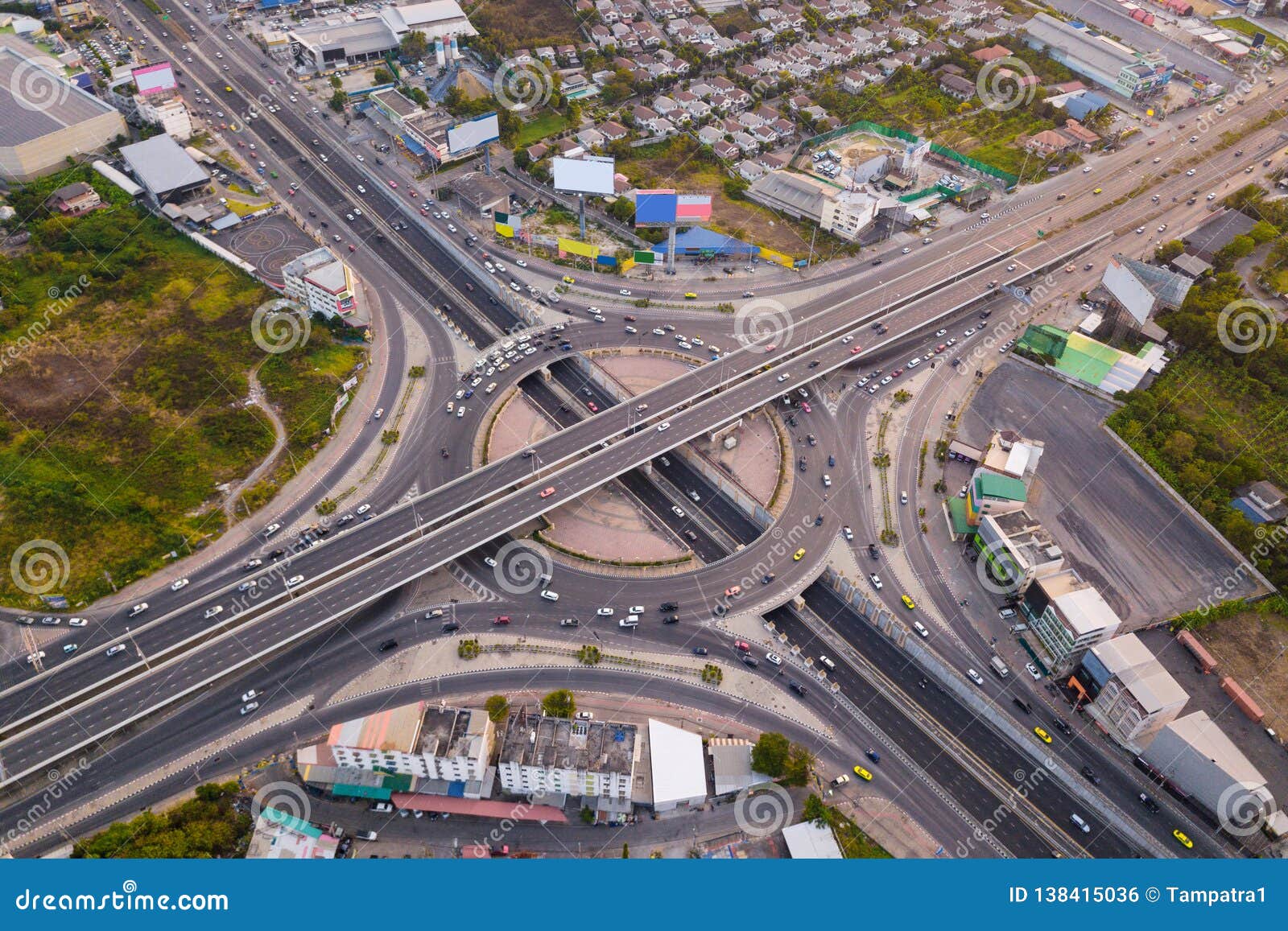 Aerial View of Highway Junctions with Roundabout. Bridge Roads Shape ...