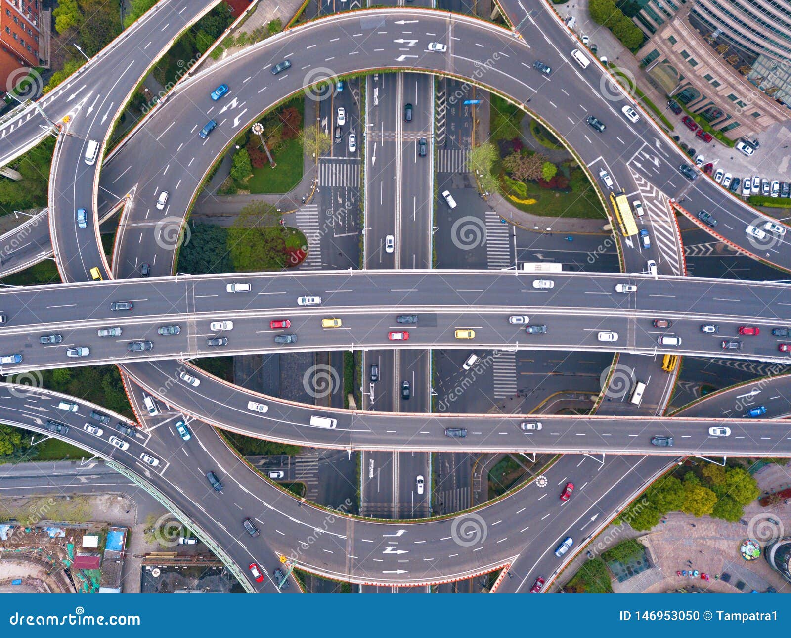Aerial View of Highway Junctions with Roundabout. Bridge Roads Shape ...