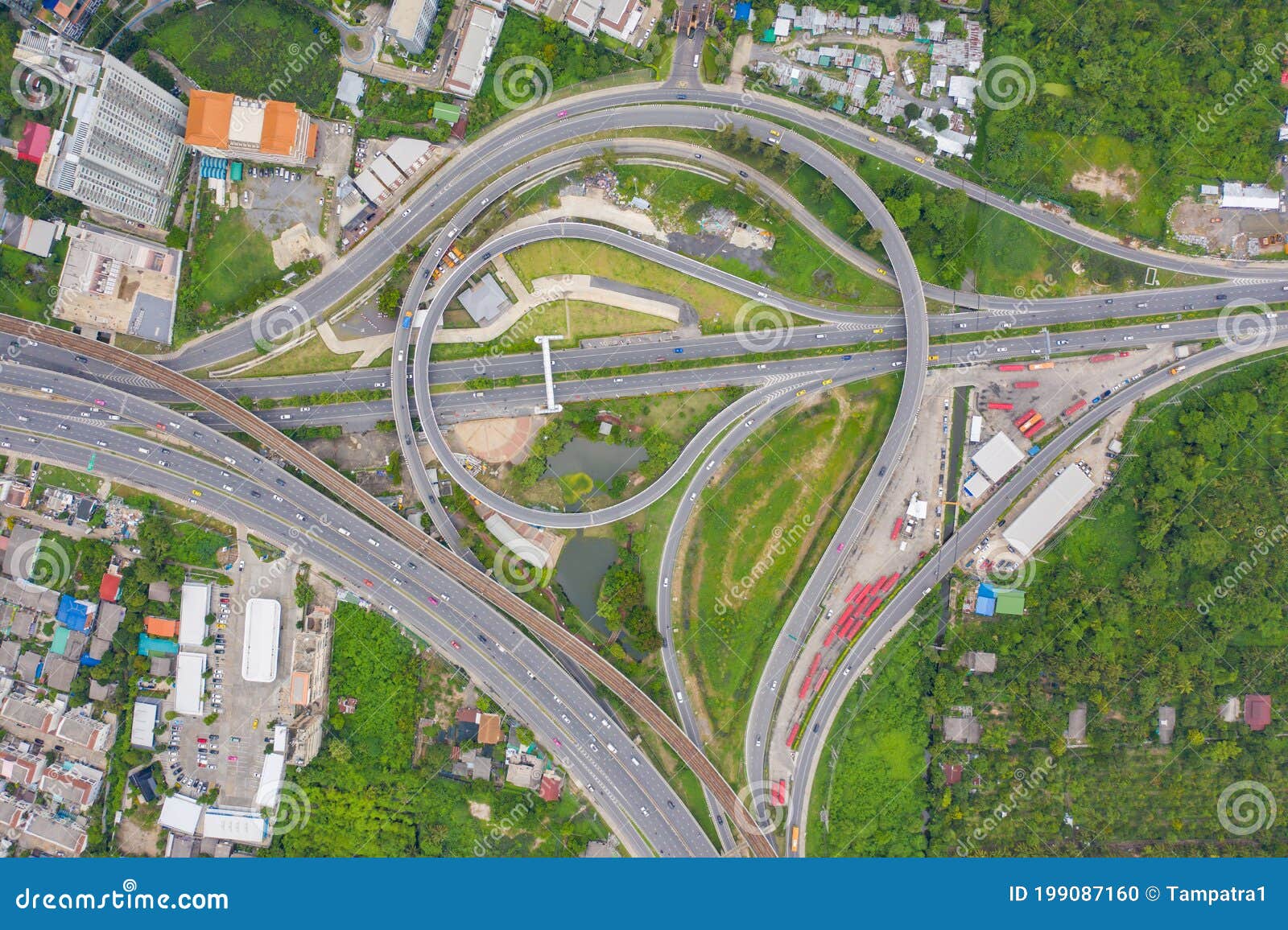 Aerial View of Highway Junctions with Roundabout. Bridge Roads Shape ...