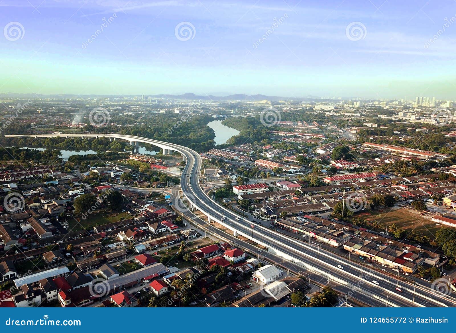 Aerial View of Highway and Overpass in Small Town during Sunset. Stock ...