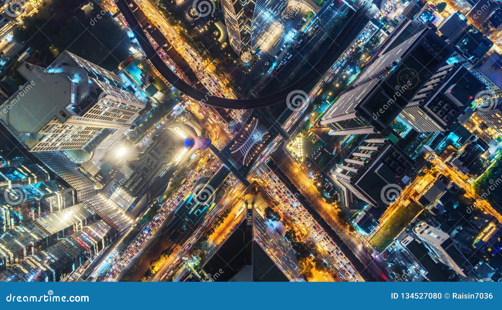 Aerial View Highway Road Intersection at Night for Transportation ...