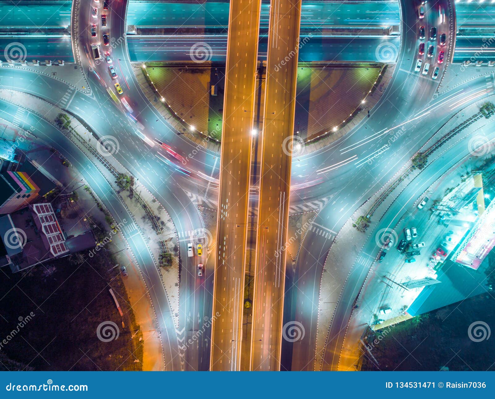 Aerial View Highway Road Intersection at Night for Transportation ...