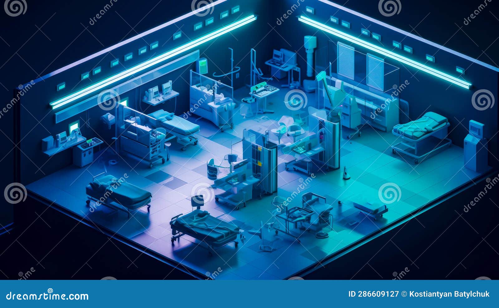 Aerial View of Hospital Room with Neon Light on the Ceiling Stock ...