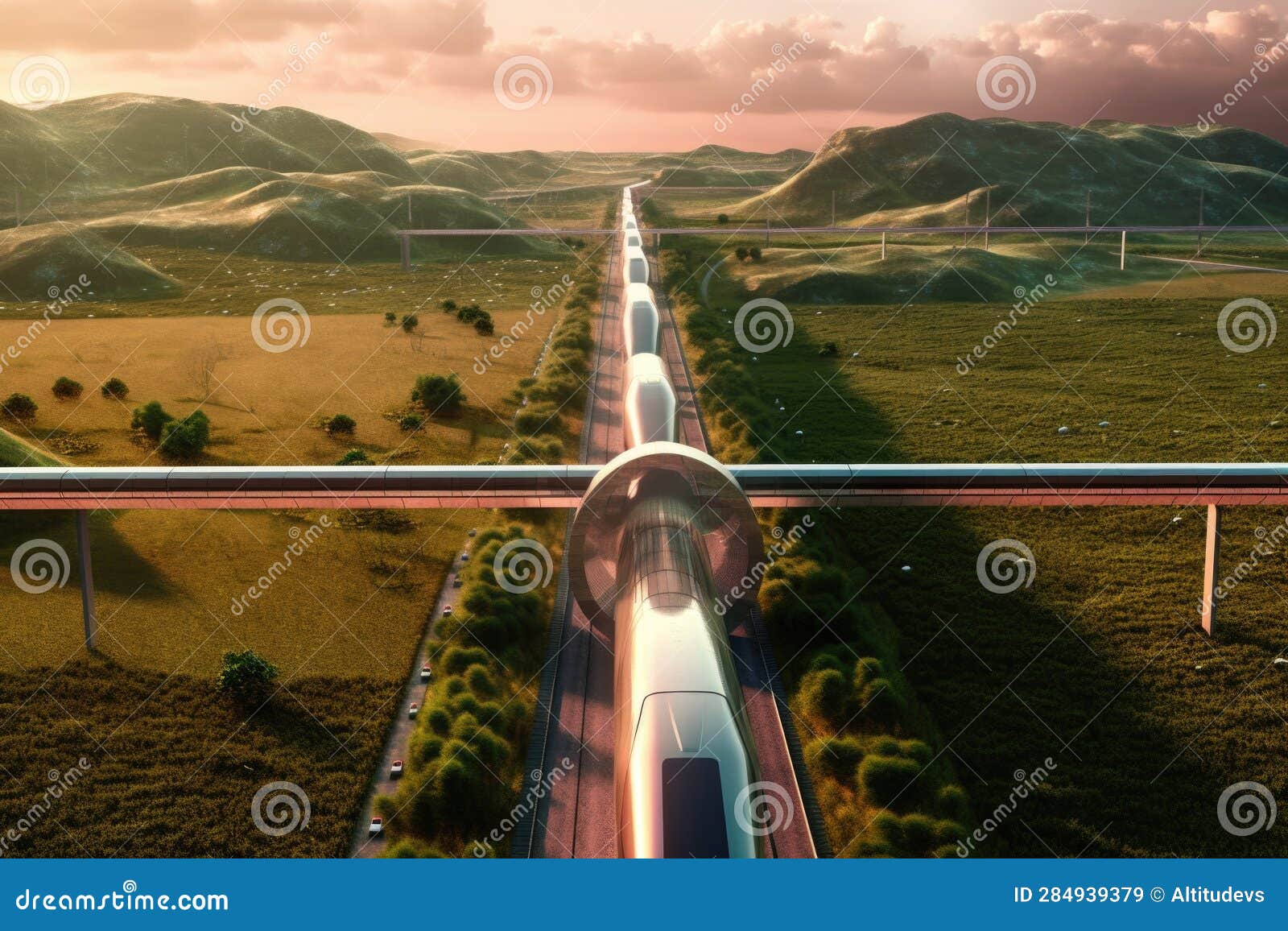Aerial View of a Hyperloop Train Speeding through the Landscape Stock ...