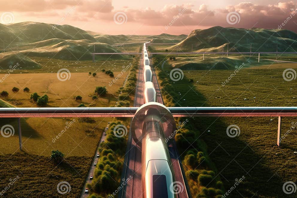 Aerial View of a Hyperloop Train Speeding through the Landscape Stock ...