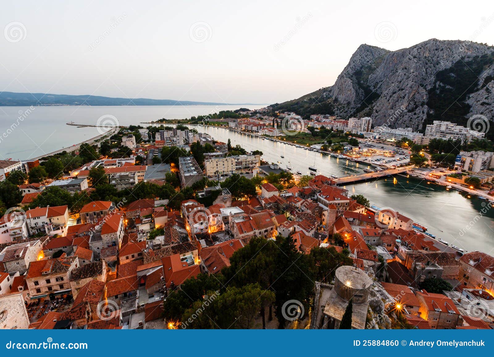 Aerial View on Illuminated Town of Omis Stock Photo - Image of dusk ...