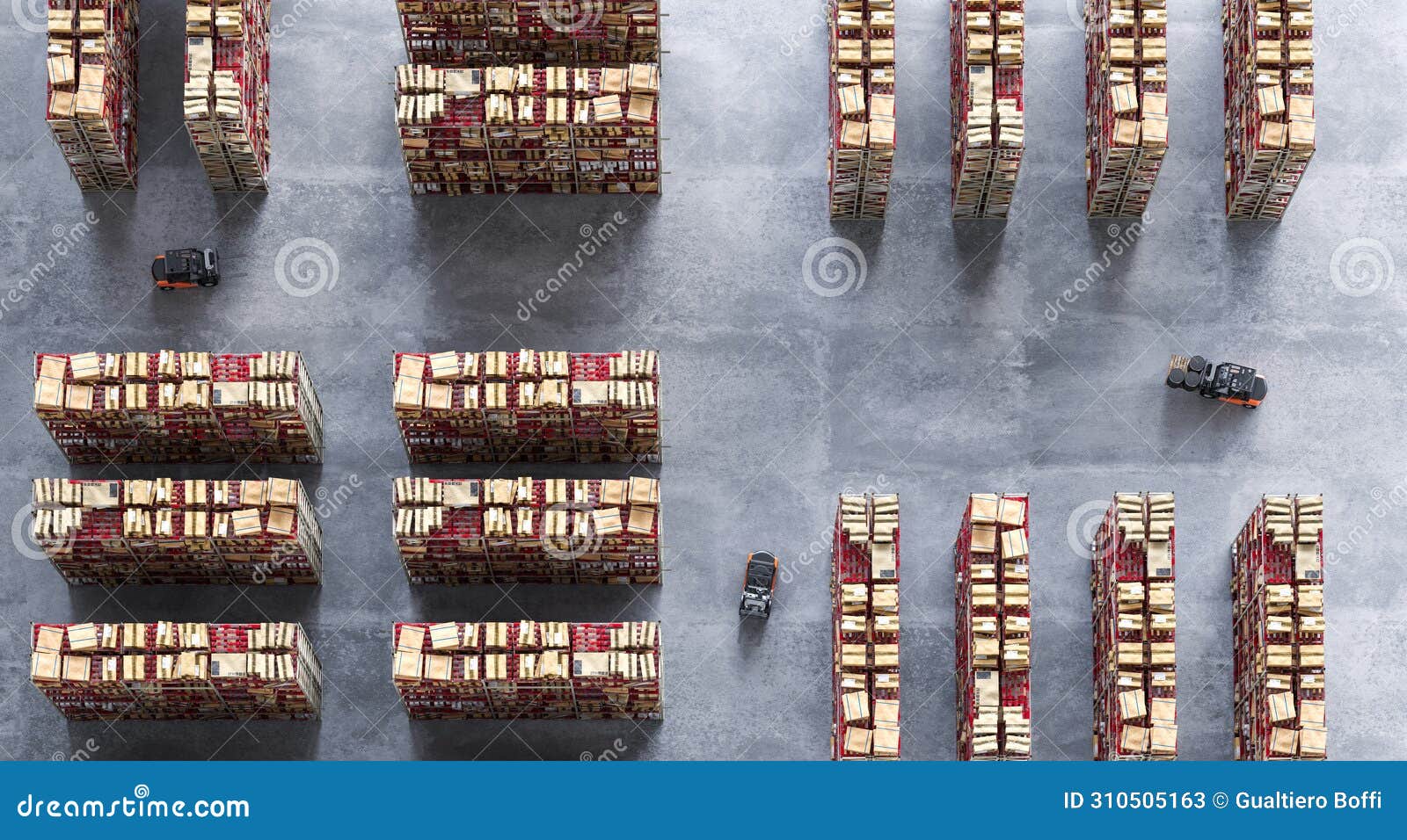 Aerial View of Industrial Warehouse with Forklifts and Pallets Stock ...