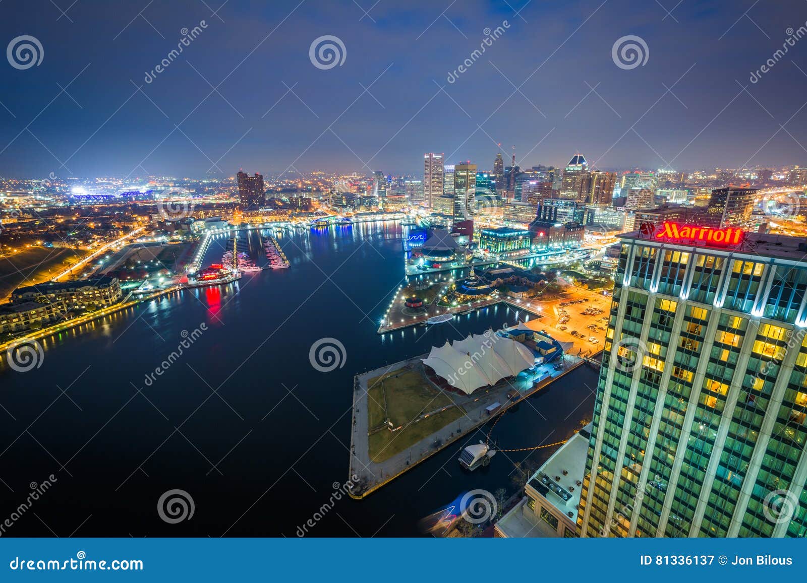 Aerial View of the Inner Harbor at Night, in Baltimore, Maryland ...