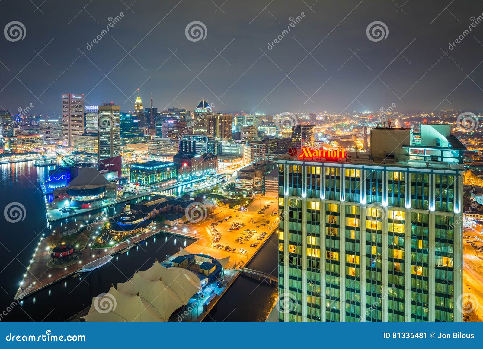 Aerial View of the Inner Harbor at Night, in Baltimore, Maryland ...