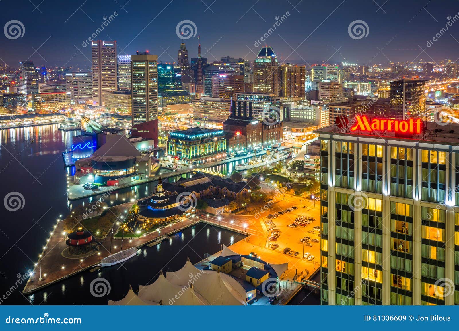 Aerial View of the Inner Harbor at Night, in Baltimore, Maryland ...
