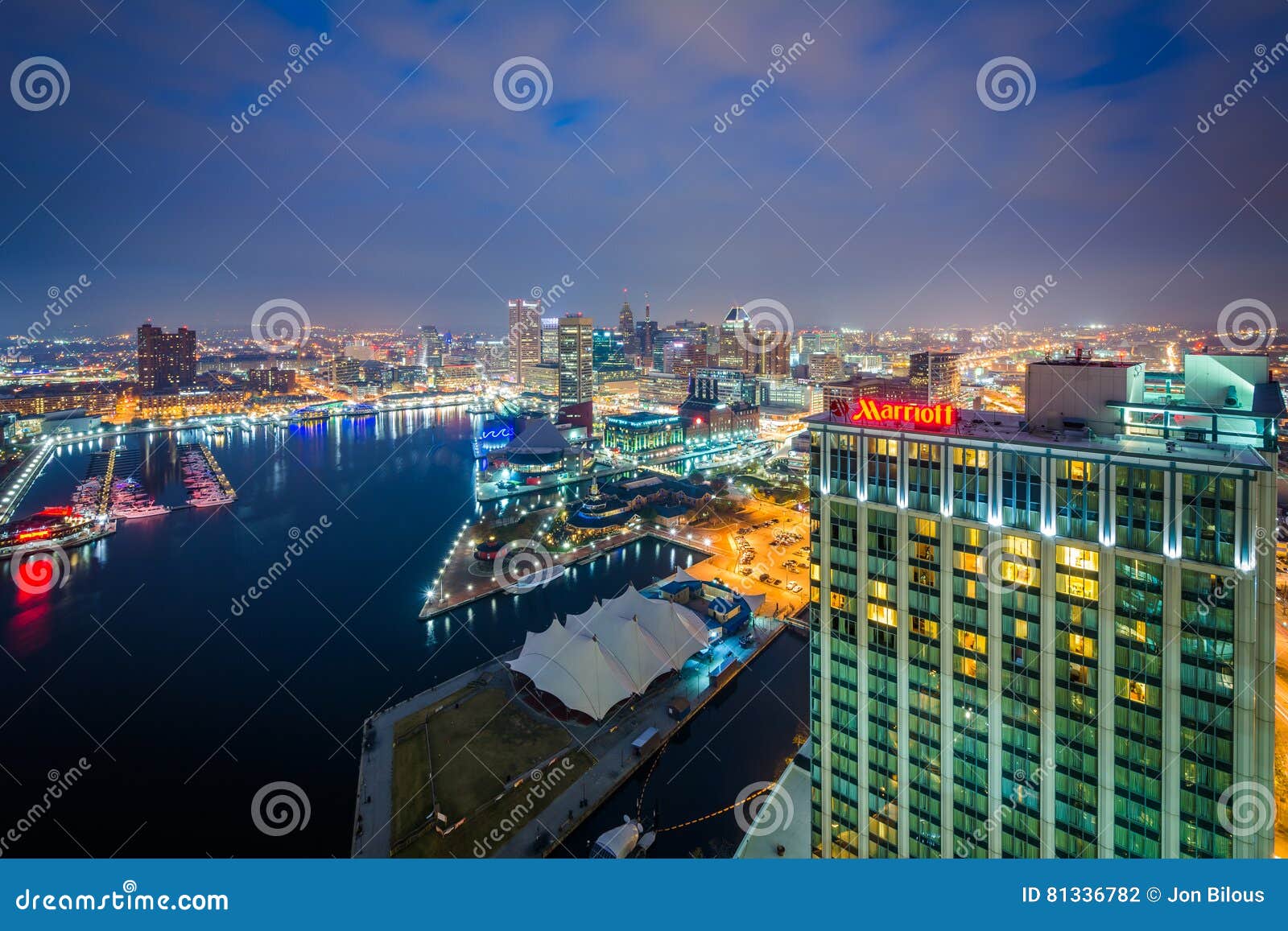 Aerial View of the Inner Harbor at Night, in Baltimore, Maryland ...