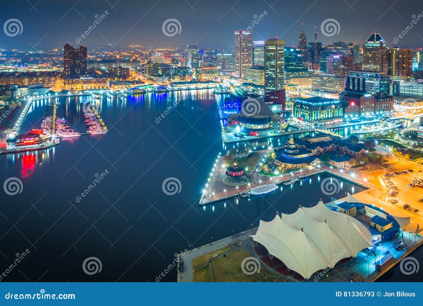 Aerial View of the Inner Harbor at Night, in Baltimore, Maryland ...