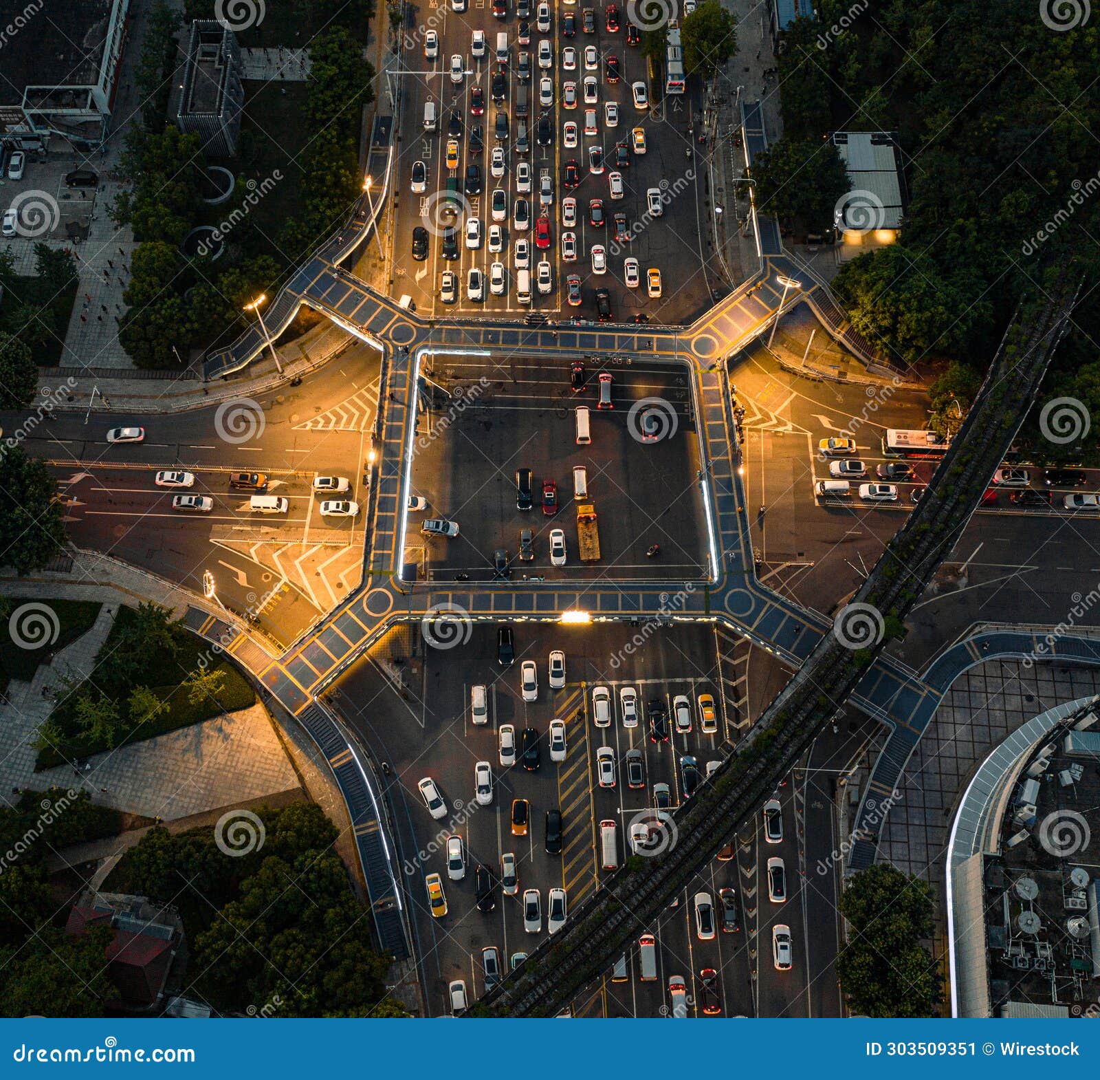 Aerial View of an Intersection during the Evening Rush Hour is Filled ...