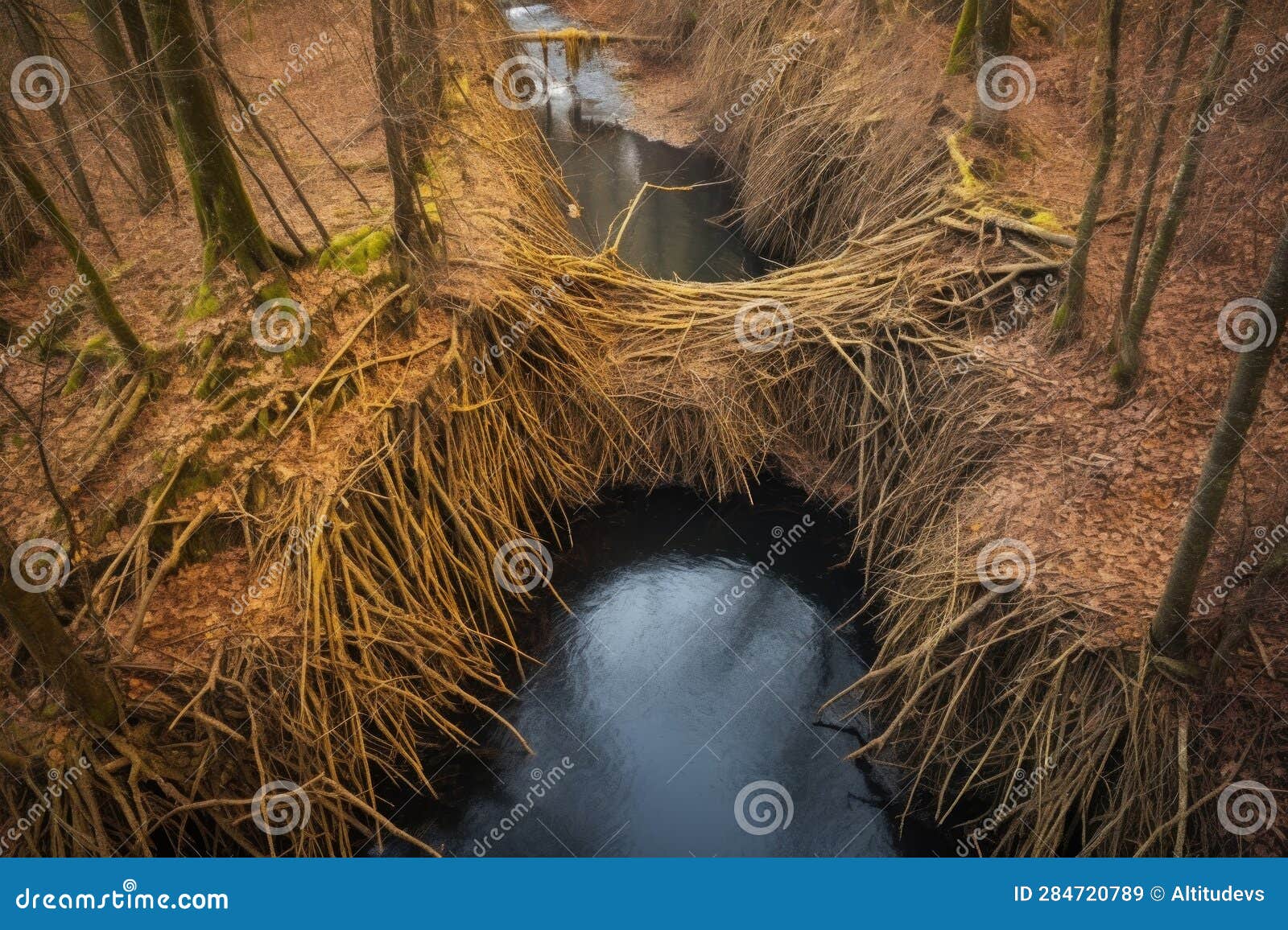 Aerial View of Intricate Beaver Dam in a Forest Stream Stock ...