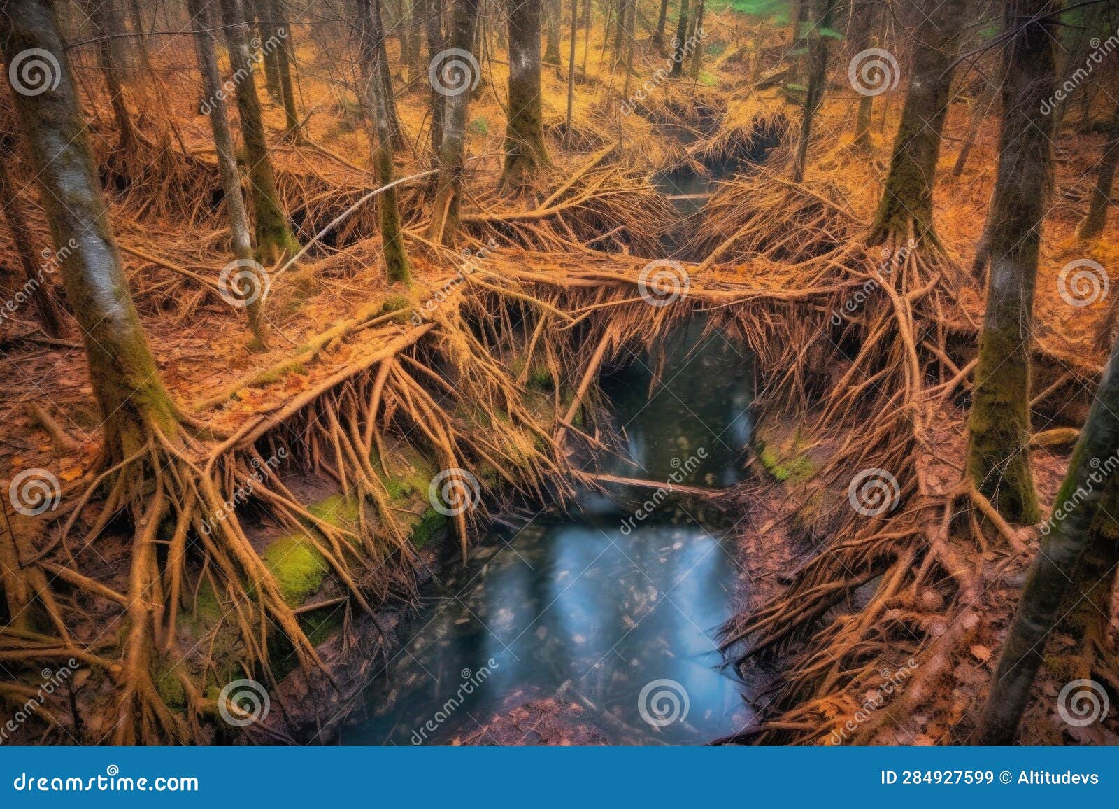 Aerial View of Intricate Beaver Dam in a Forest Stream Stock ...