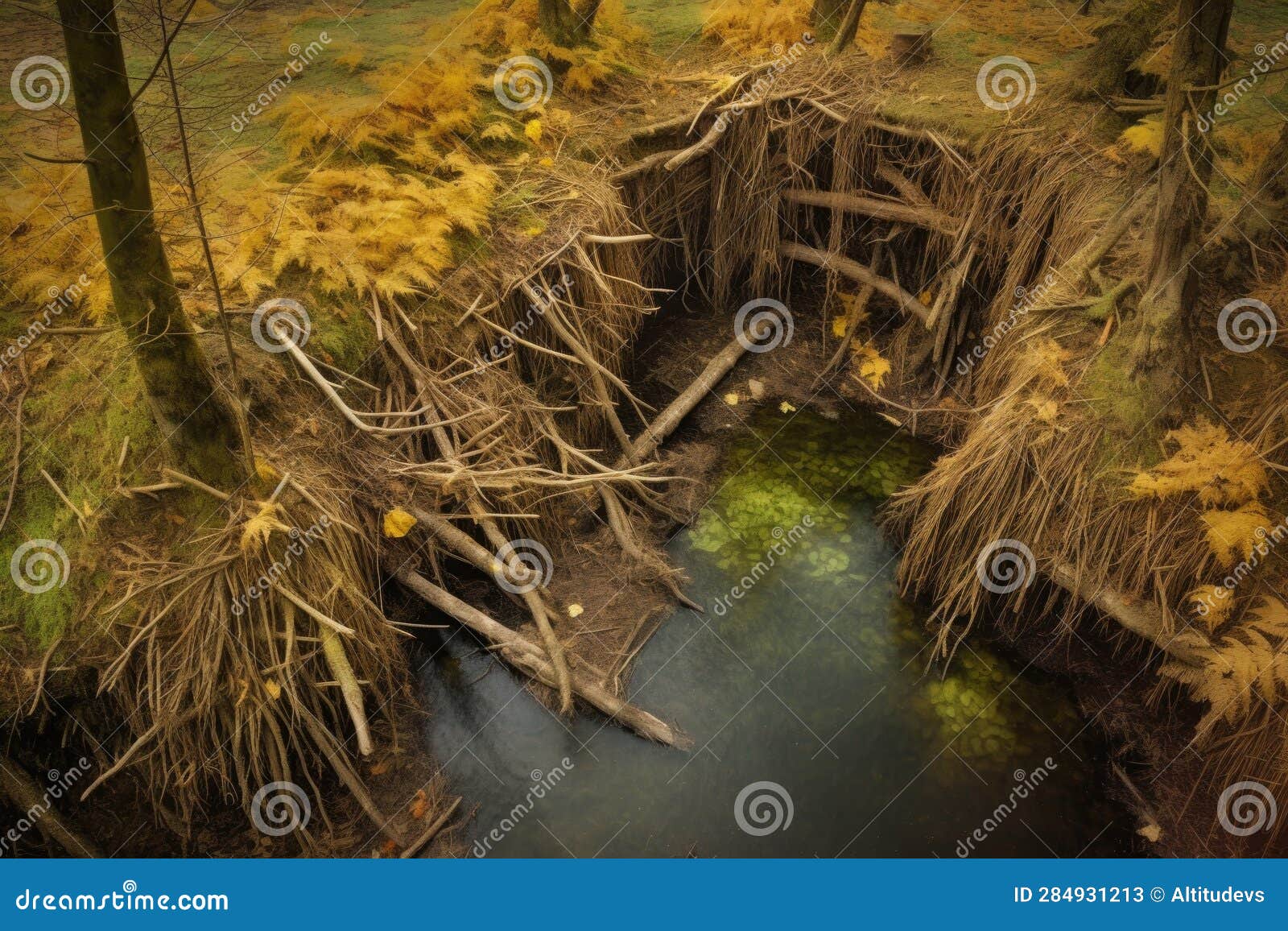 Aerial View of Intricate Beaver Dam in a Forest Stream Stock Image ...