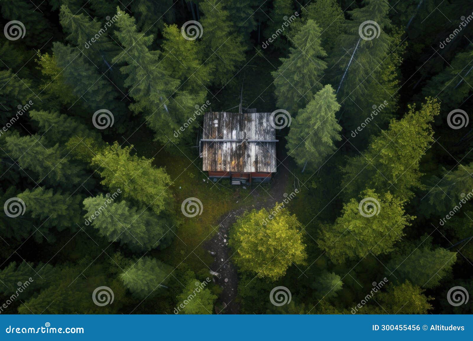Aerial View of an Isolated Log Cabin in the Middle of a Dense Forest ...