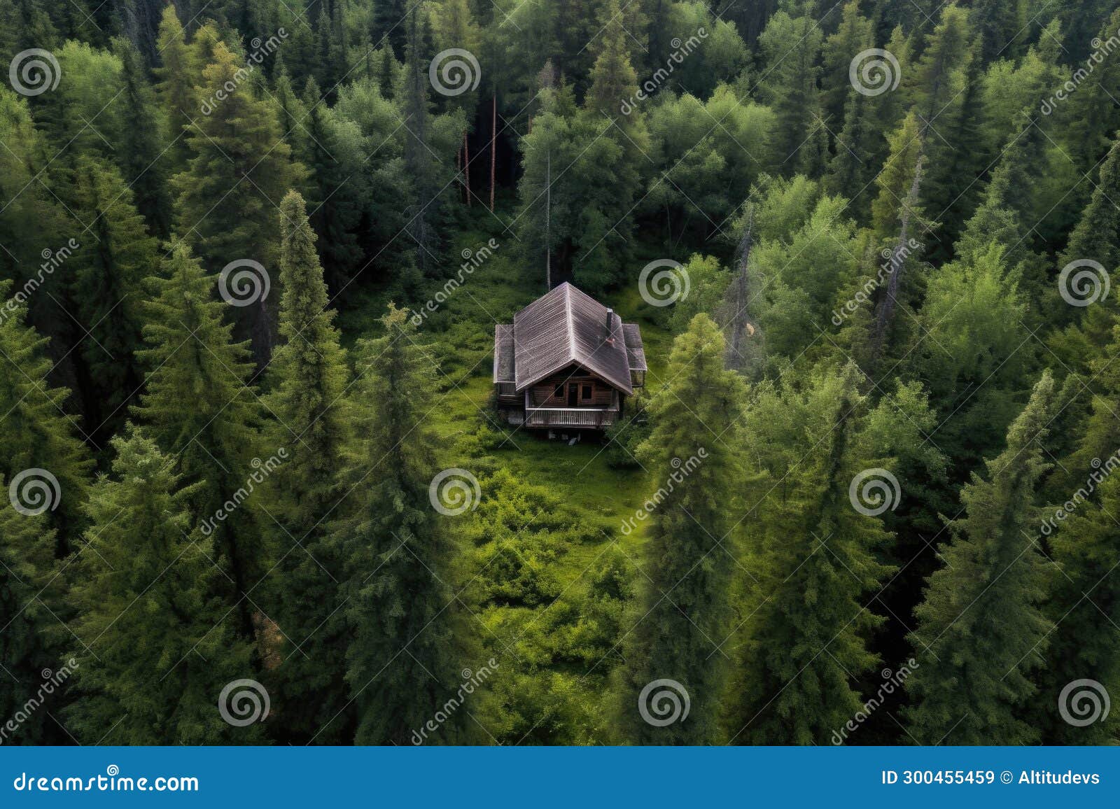 Aerial View of an Isolated Log Cabin in the Middle of a Dense Forest ...