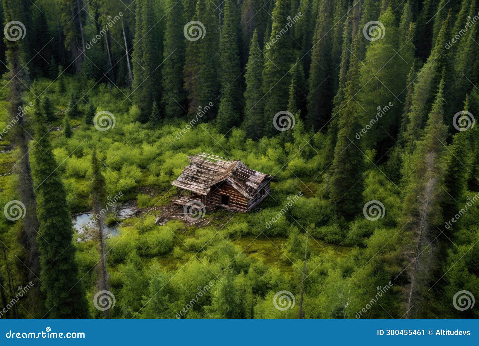 Aerial View of an Isolated Log Cabin in the Middle of a Dense Forest ...
