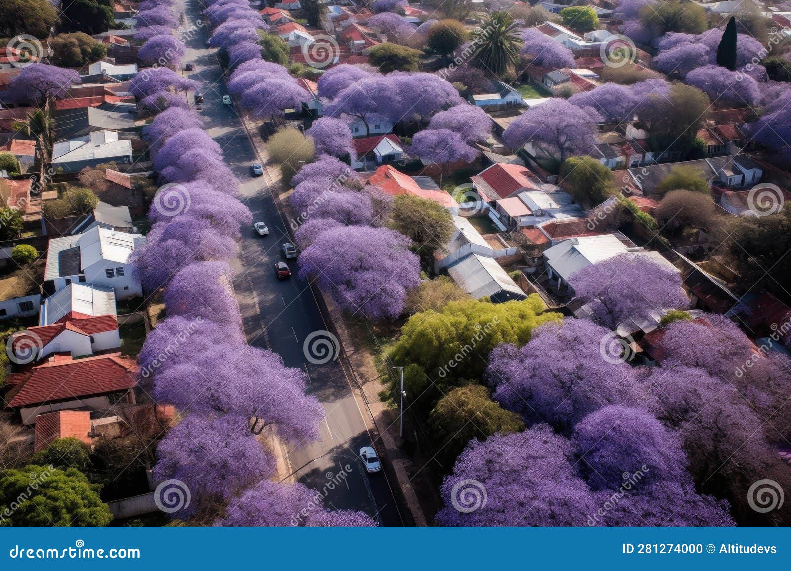 Aerial View of Jacaranda Tree-lined Streets in a City Stock ...