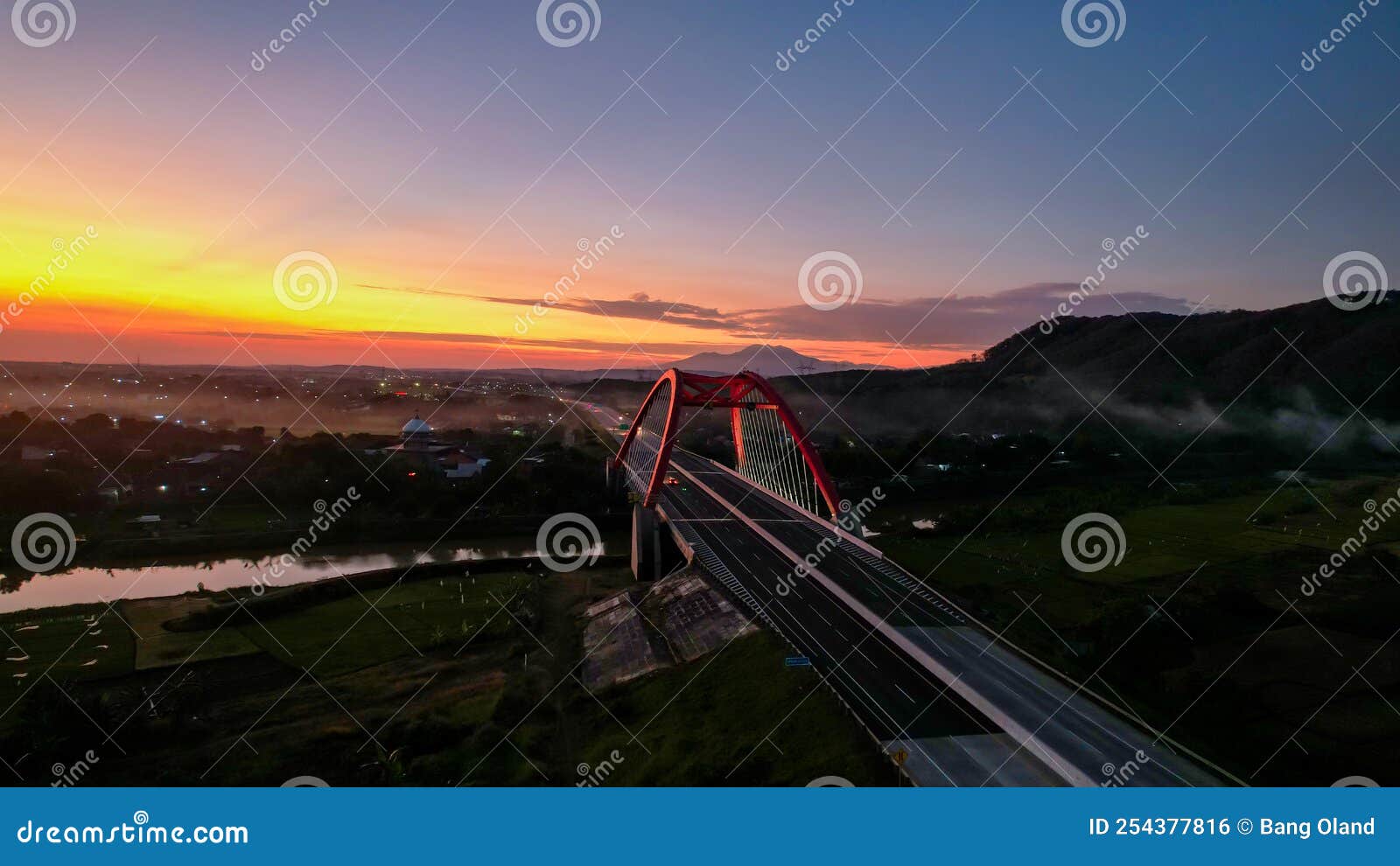 Aerial View of the Kalikuto Bridge, an Iconic Red Bridge at Trans Java ...