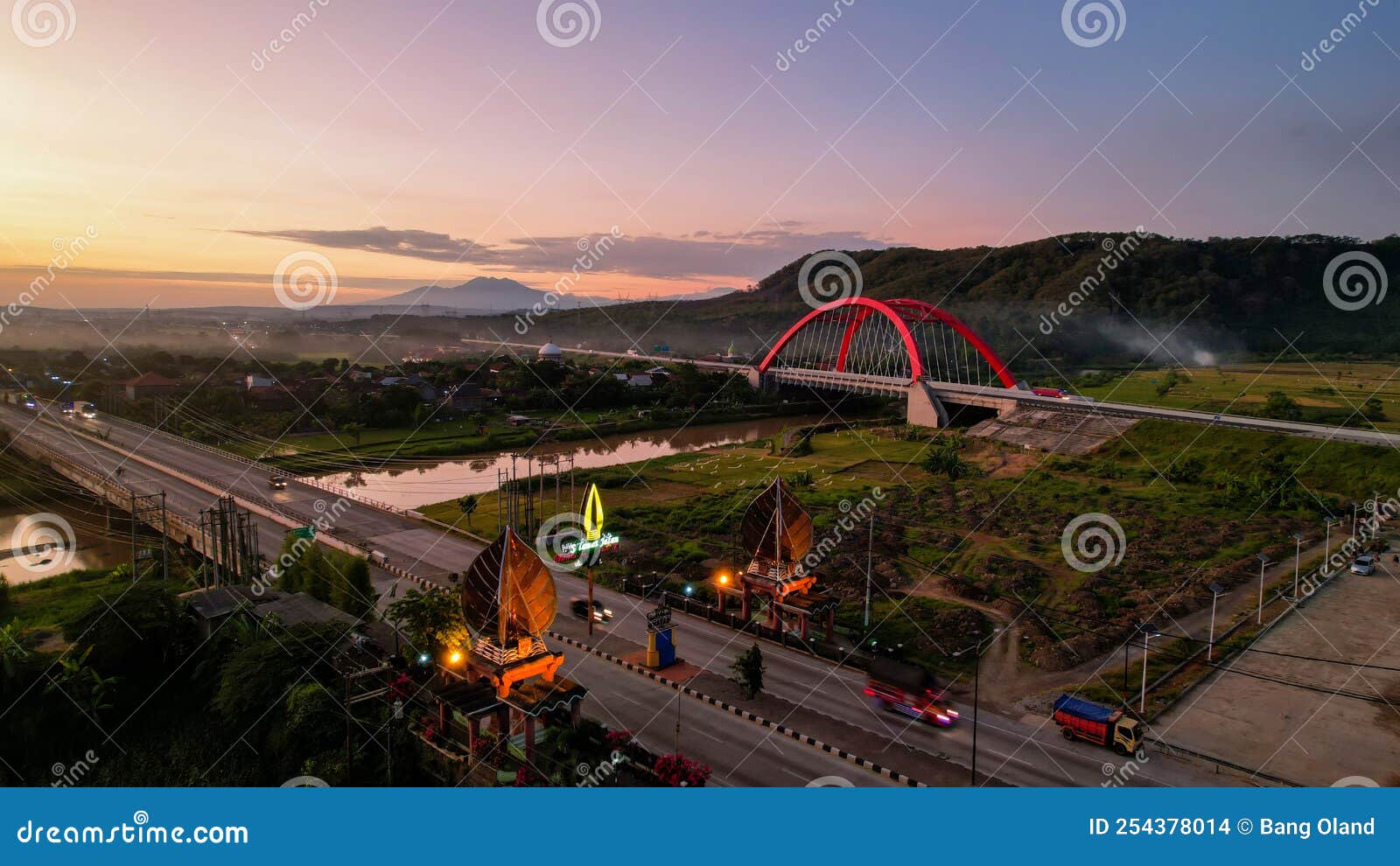 Aerial View of the Kalikuto Bridge, an Iconic Red Bridge at Trans Java ...