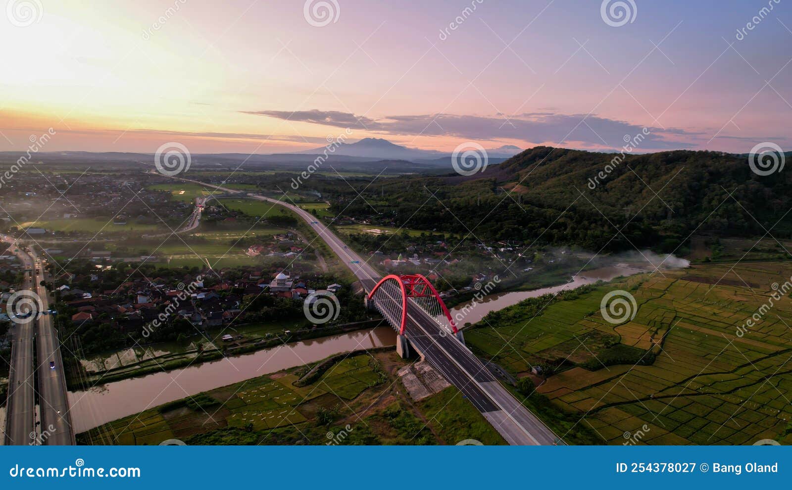 Aerial View of the Kalikuto Bridge, an Iconic Red Bridge at Trans Java ...