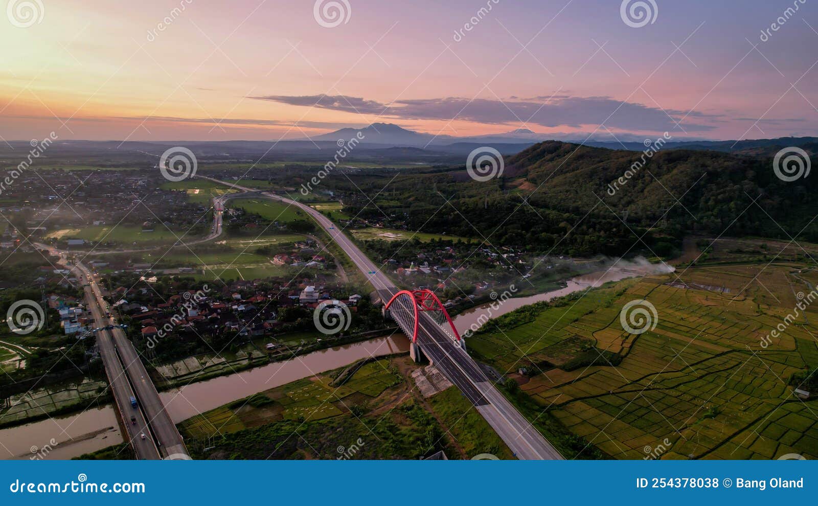 Aerial View of the Kalikuto Bridge, an Iconic Red Bridge at Trans Java ...
