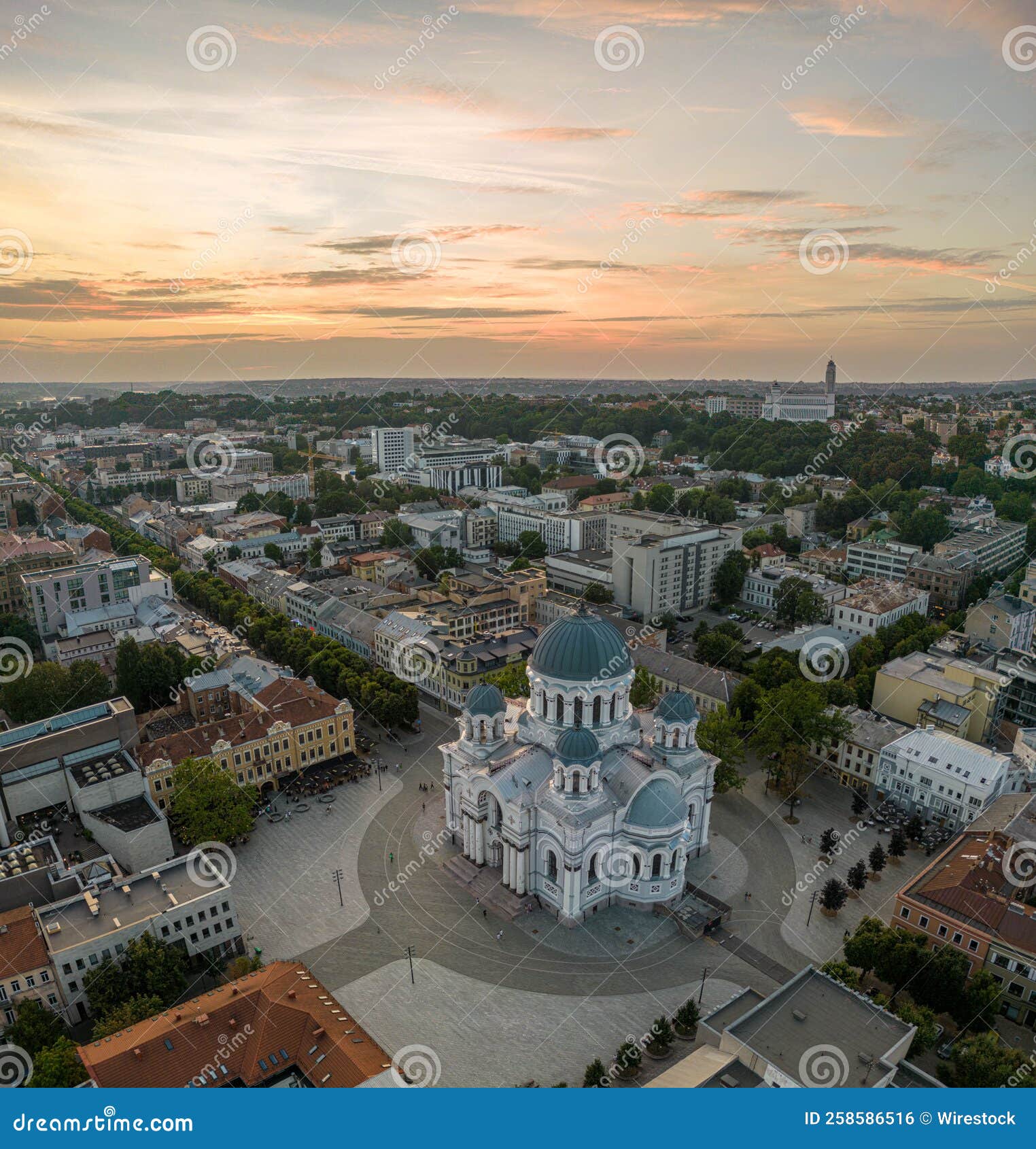 Kaunas Cityscape With Famous Church In Laisves Avenue. Soboras. St ...