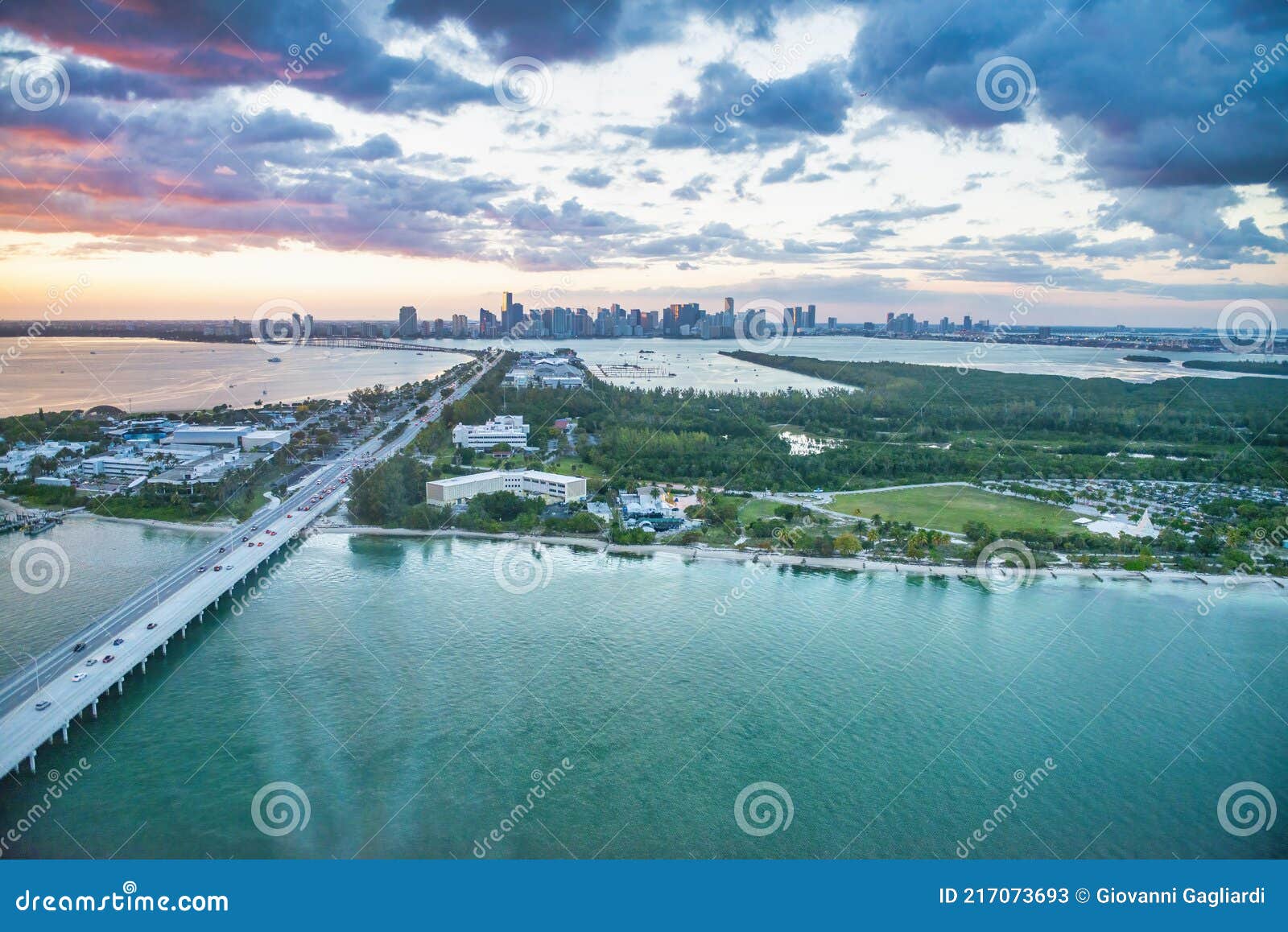 Aerial View of Key Biscayne at Sunset, Florida from Helicopter Stock ...