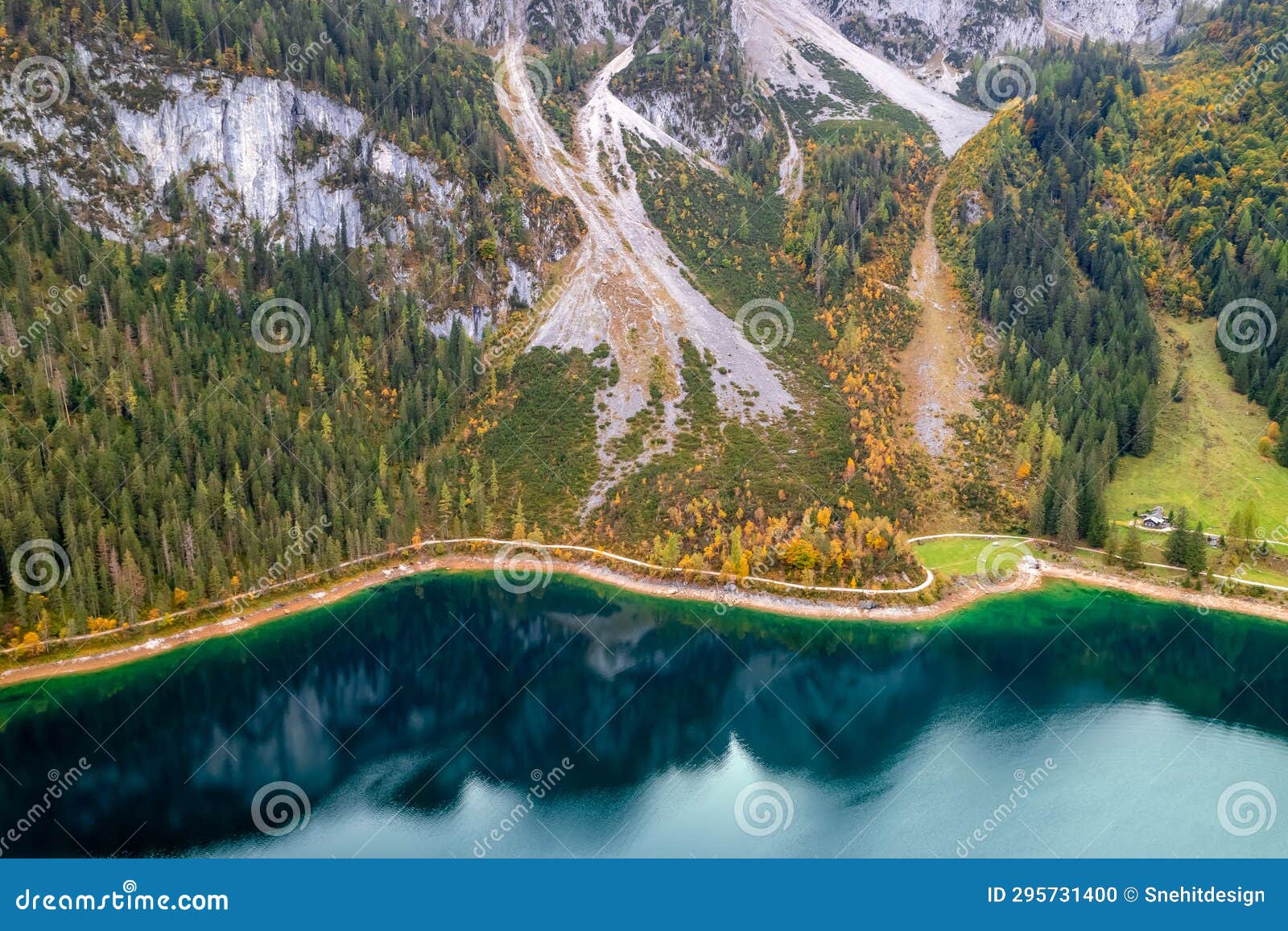 Aerial View of Lake Gosausee Shore in Austrian Alps Stock Photo - Image ...