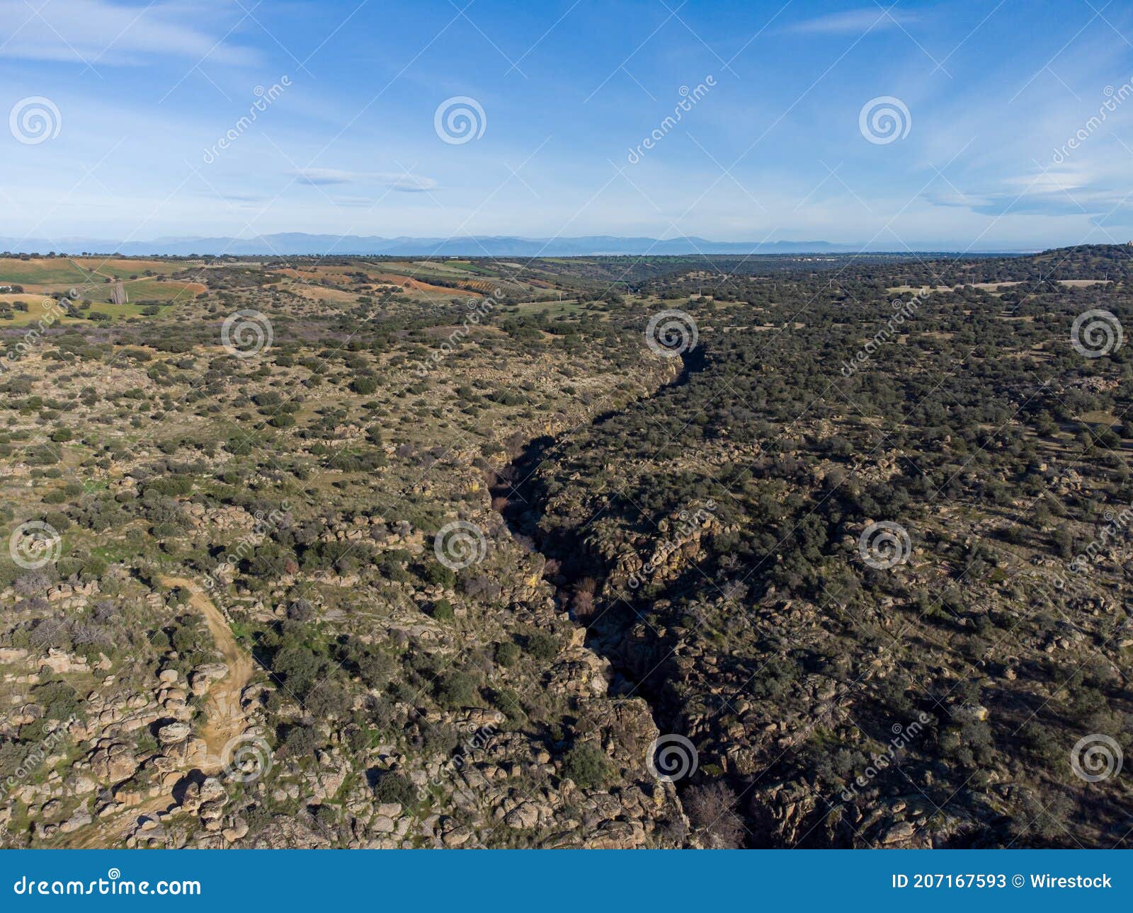 Aerial View of a Landscape with Greenery and a Narrow Pathway in Span ...