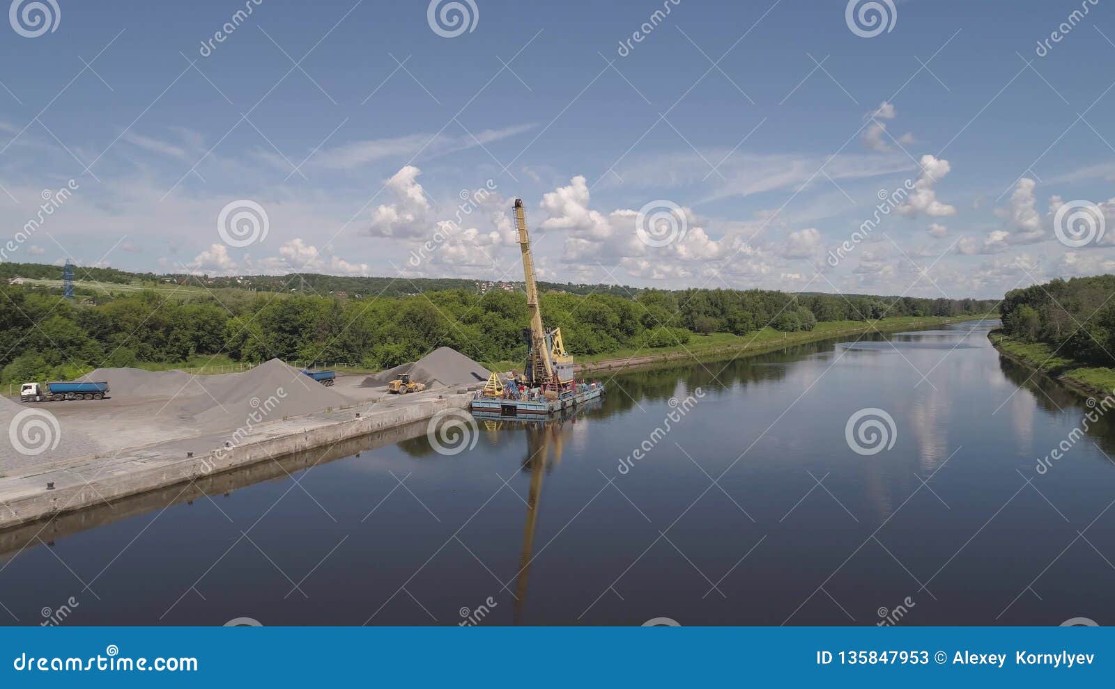 River Crane Excavator on Barge. Stock Video - Video of barge, port ...