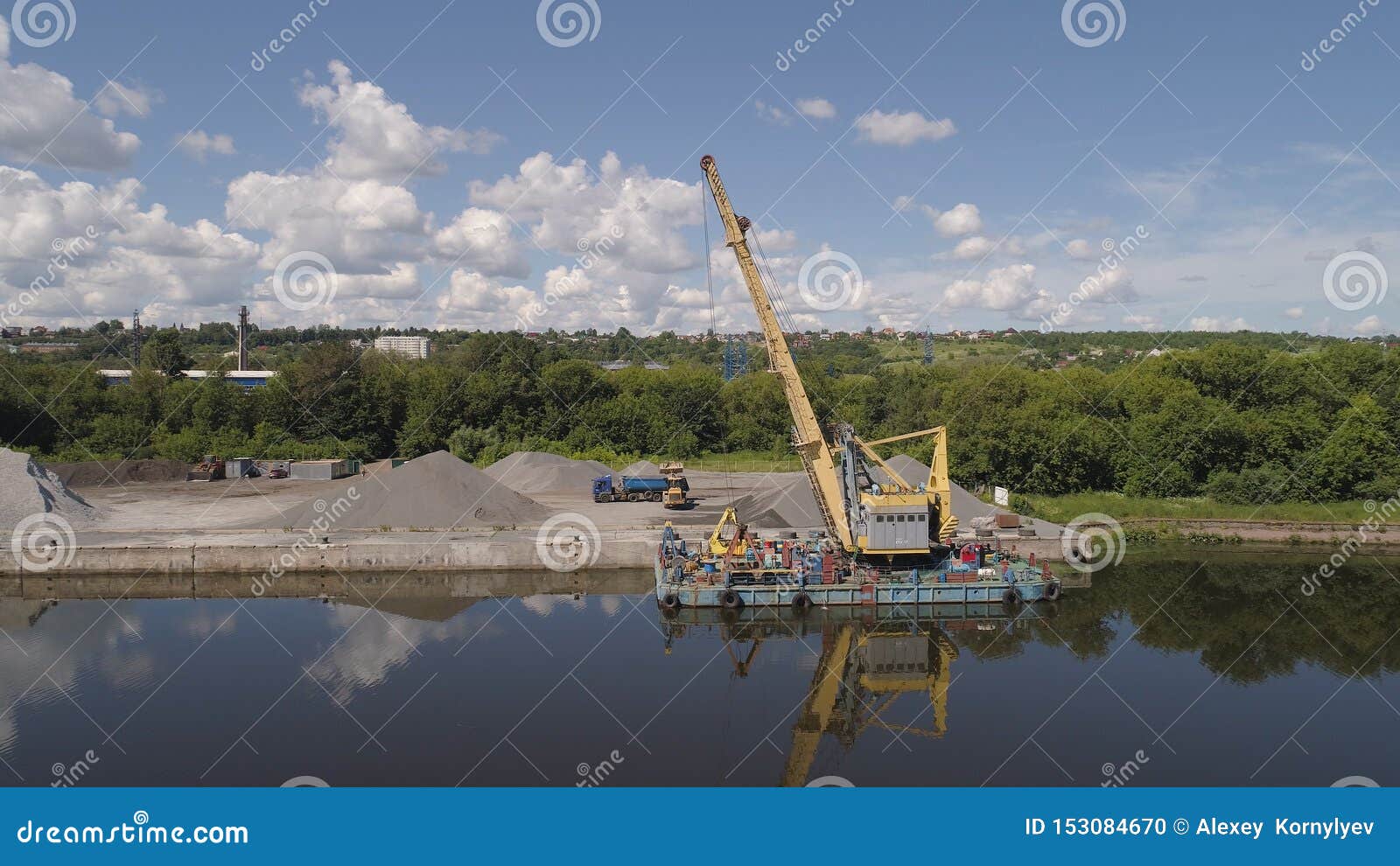 River Crane Excavator on Barge. Stock Photo - Image of construction ...