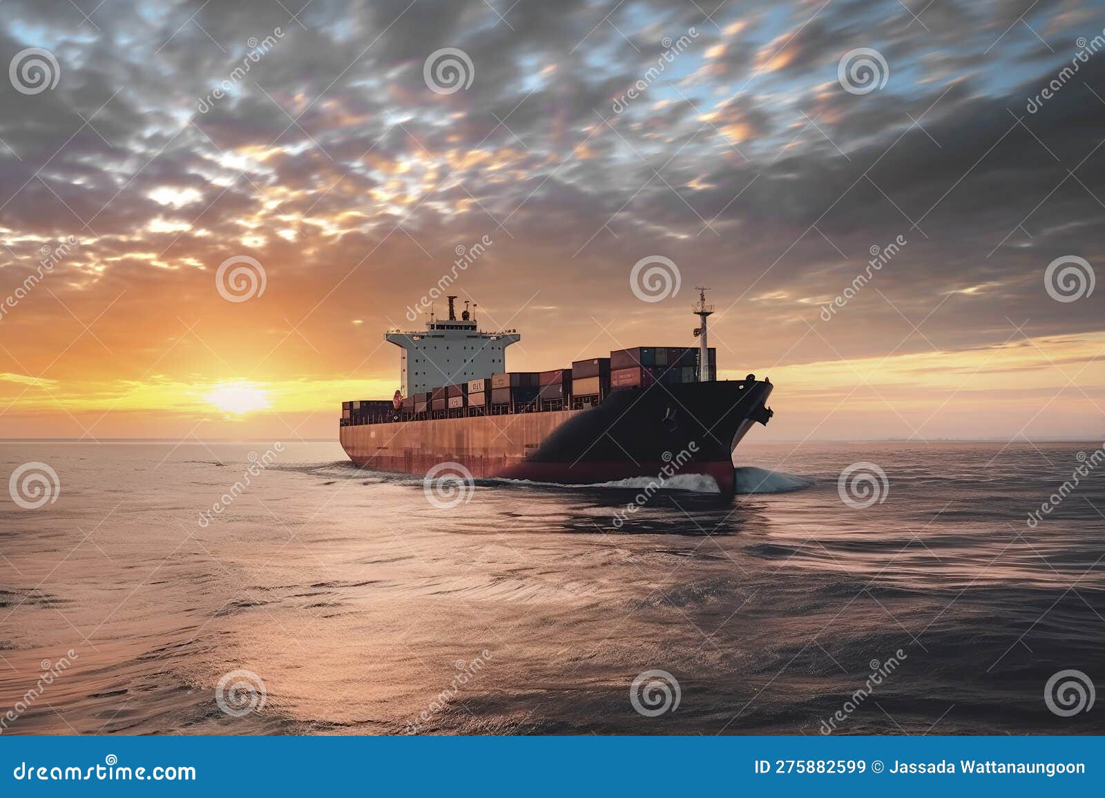 Aerial View of a Large, Heavy Loaded Container Cargo Ship at Sunset ...