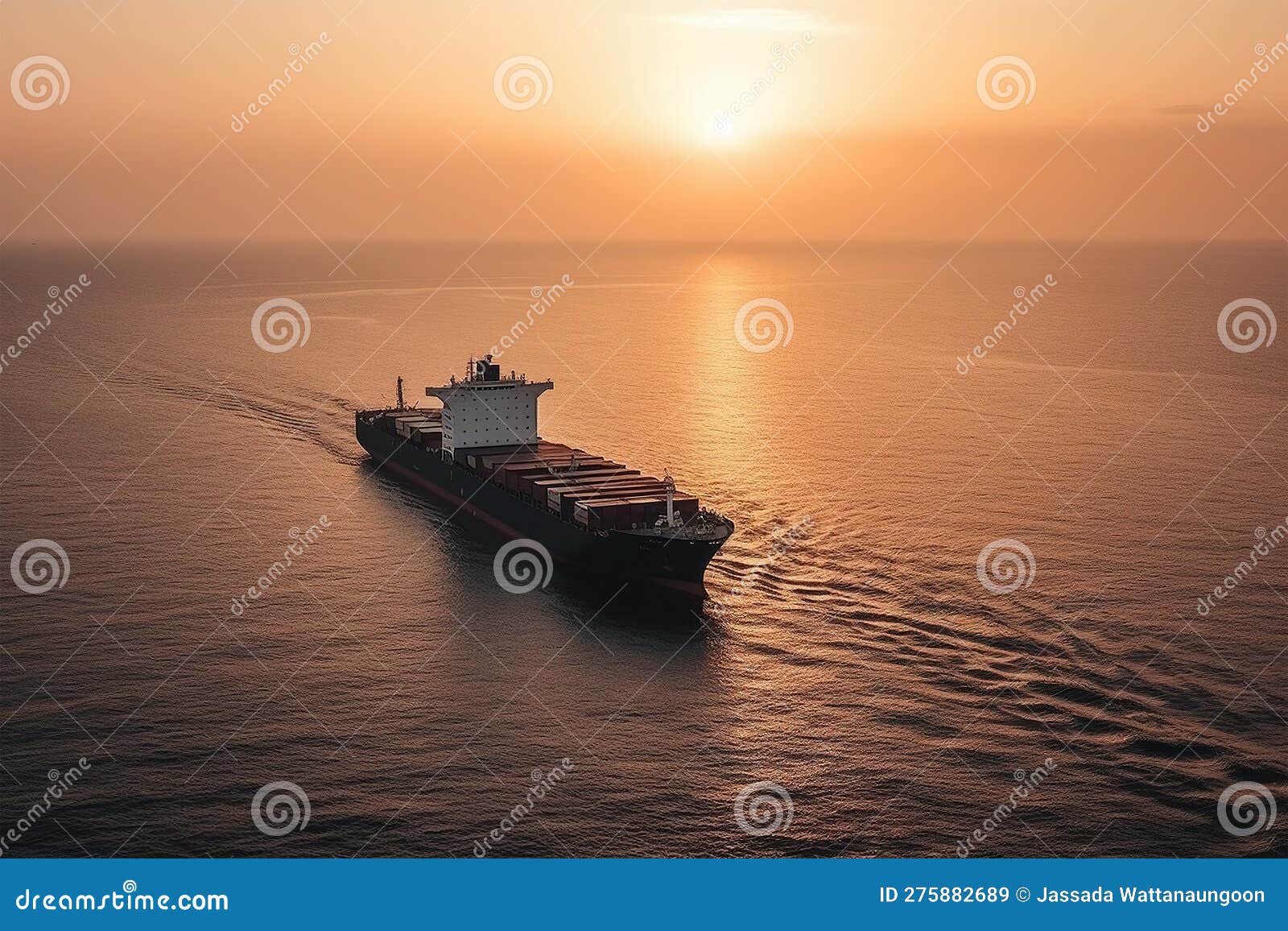 Aerial View of a Large, Heavy Loaded Container Cargo Ship at Sunset ...