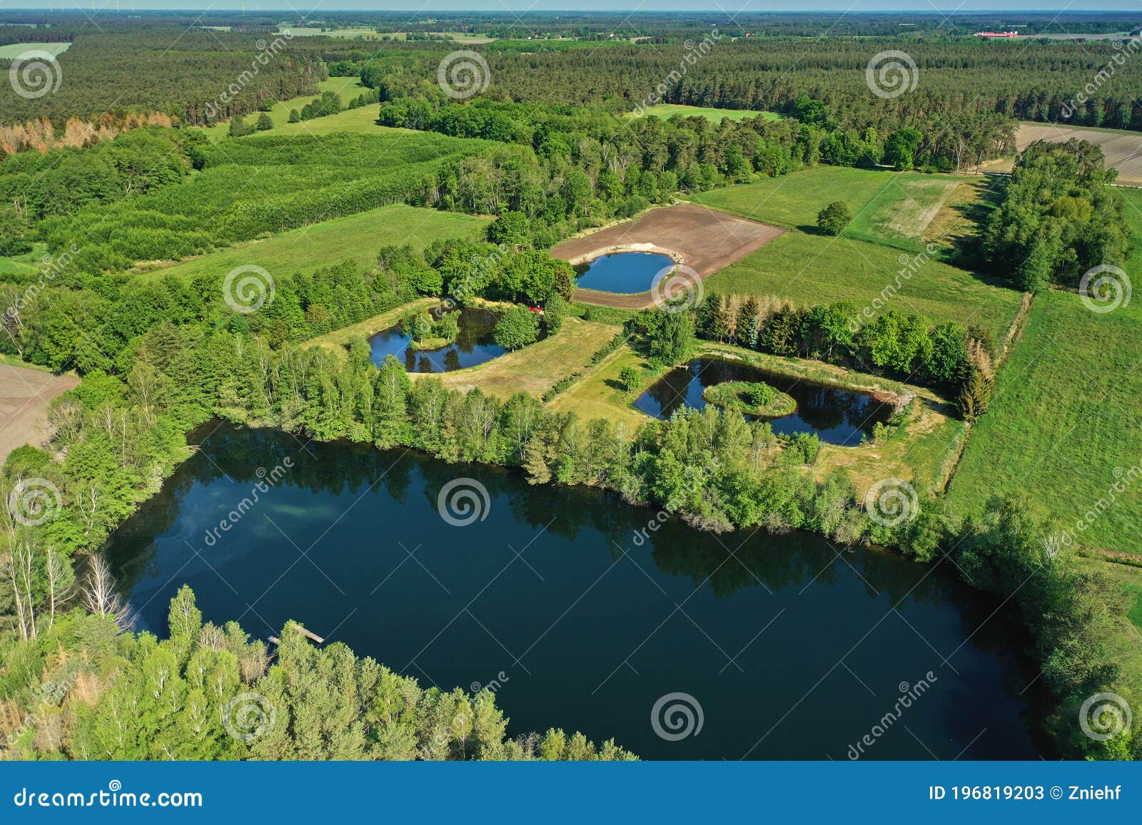 Aerial View of a Large Rectangular Pond in Front of Smaller Ponds in a ...